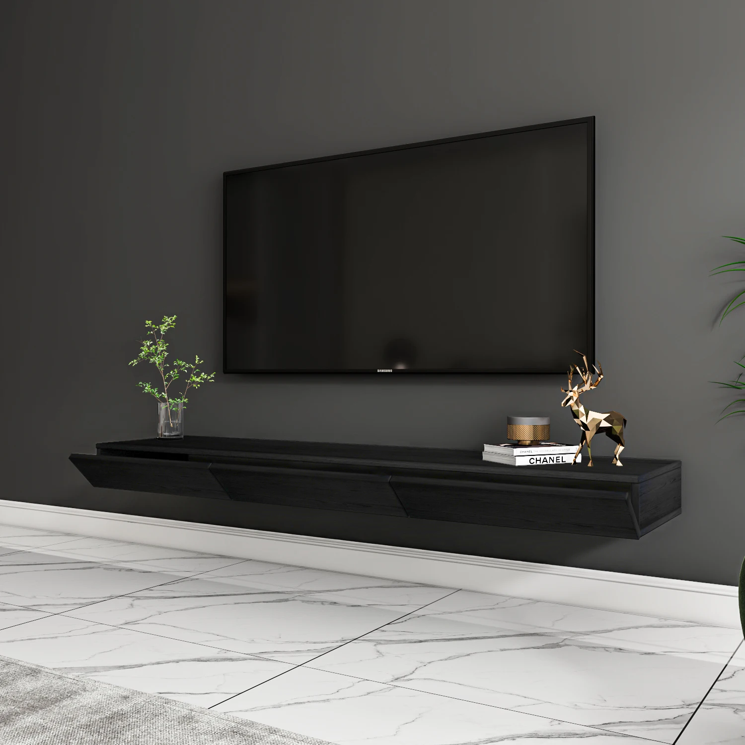 Minimalist Avalon Wall Mounted Tv Stand Wood Black Wall Mounted Tv ...