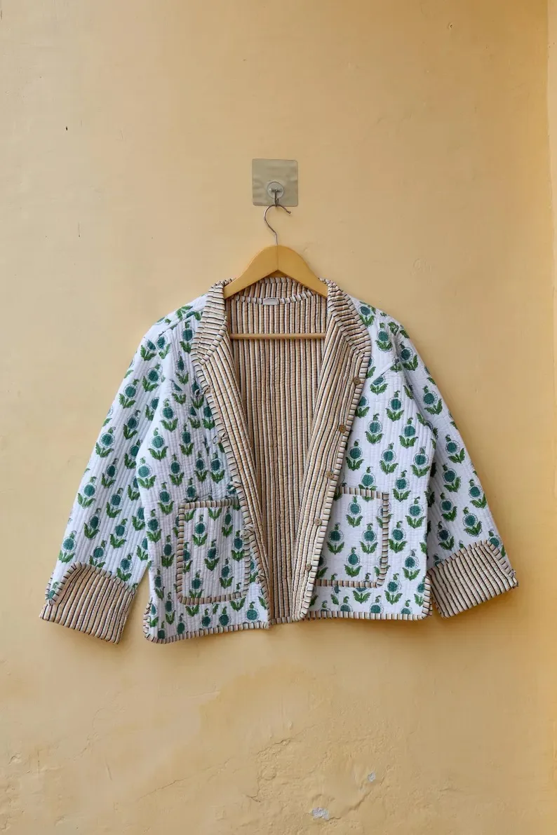 Indian Women's Quilted Jacket Block Printed Boho Style Quilted Handmade ...