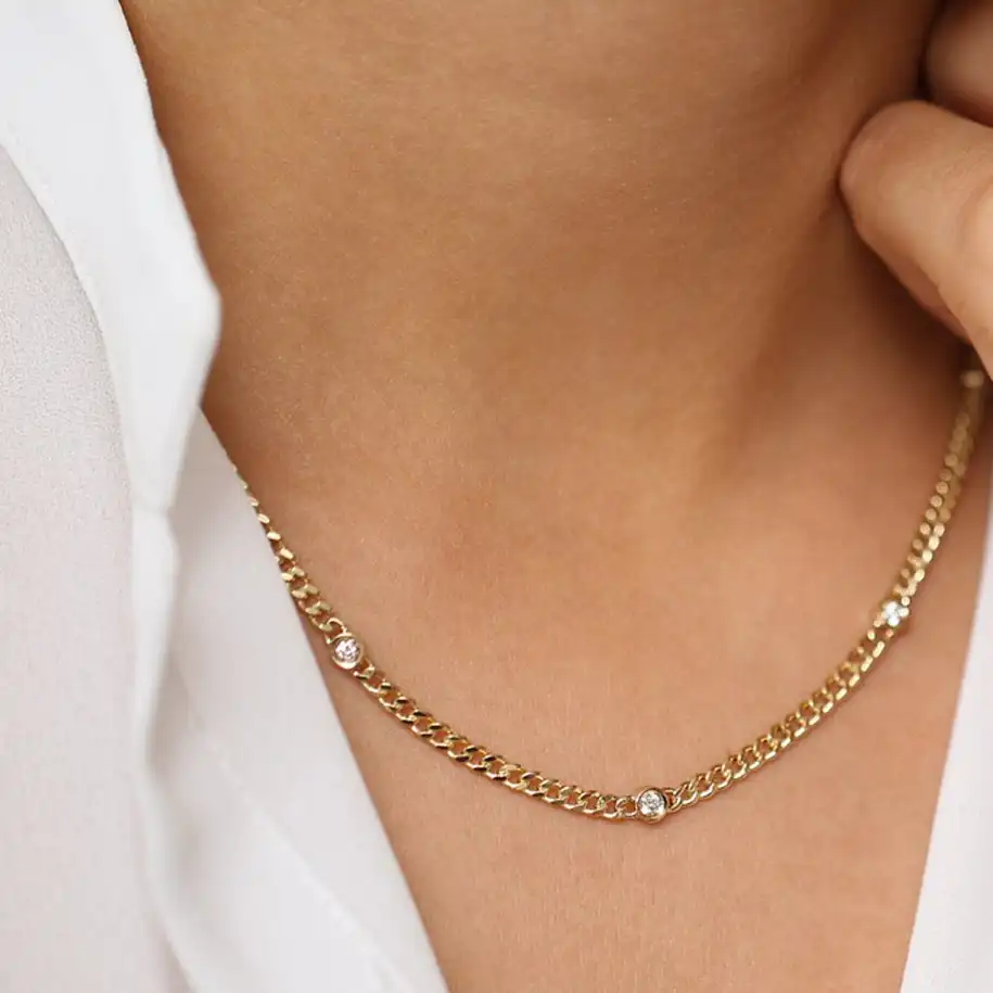 Unique 14k Gold Cuban Link Chain Necklace with Bezel Setting Solitaire ...