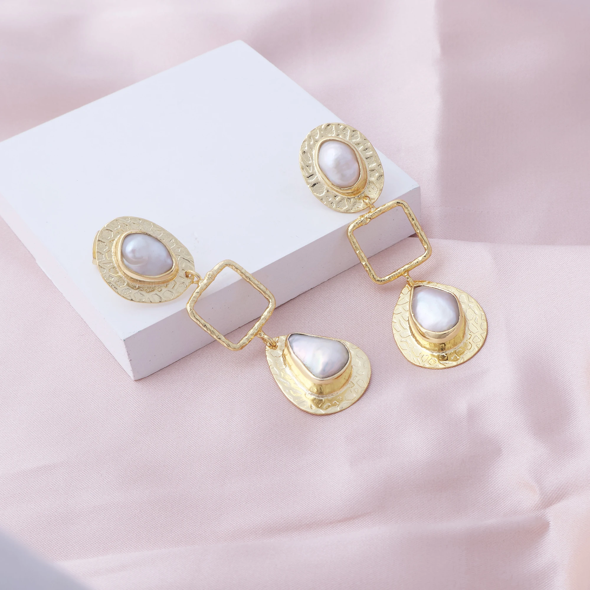 Earthy Natural Double Baroque Pearl Stud Dangle Earring Brass Gold ...