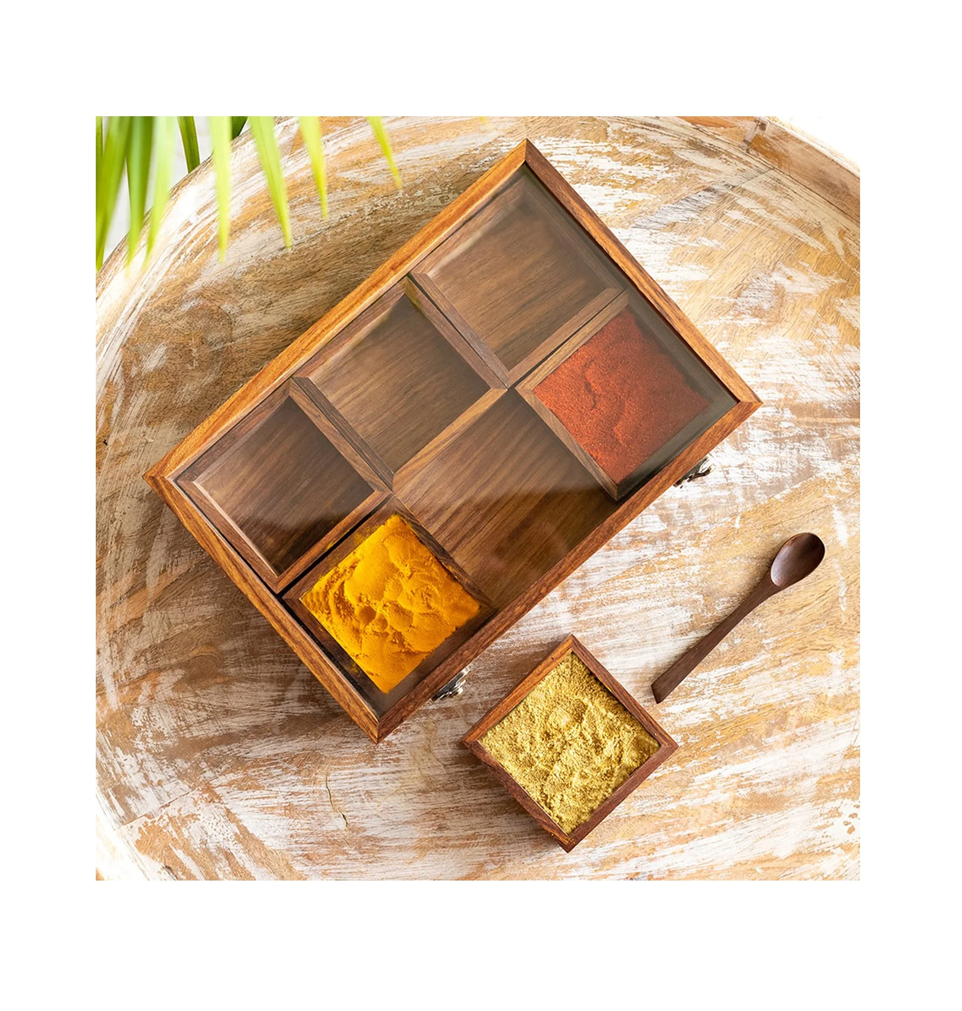 Wooden Masala Box For Kitchen Spice Box With Spoon (sheesham Wood 6 ...