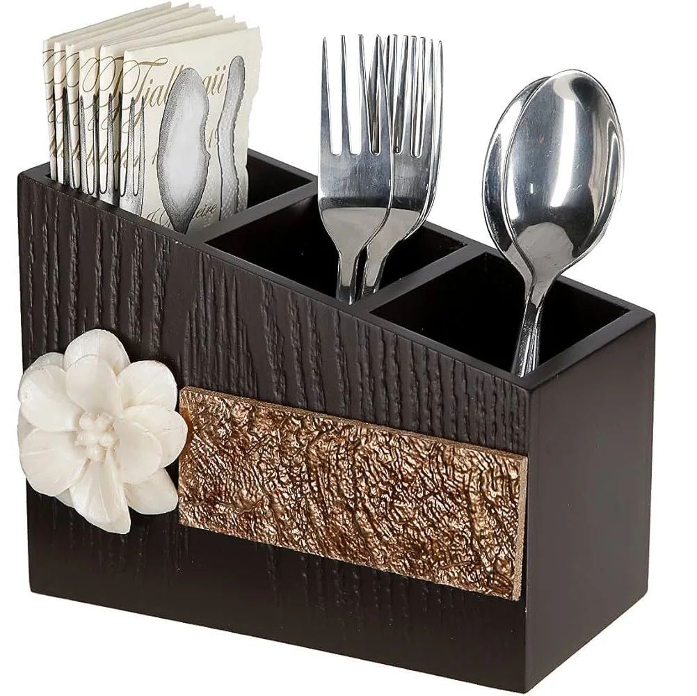 Cutlery Holder 3 Compartment Table Top Mango Wood Serving Caddy New ...
