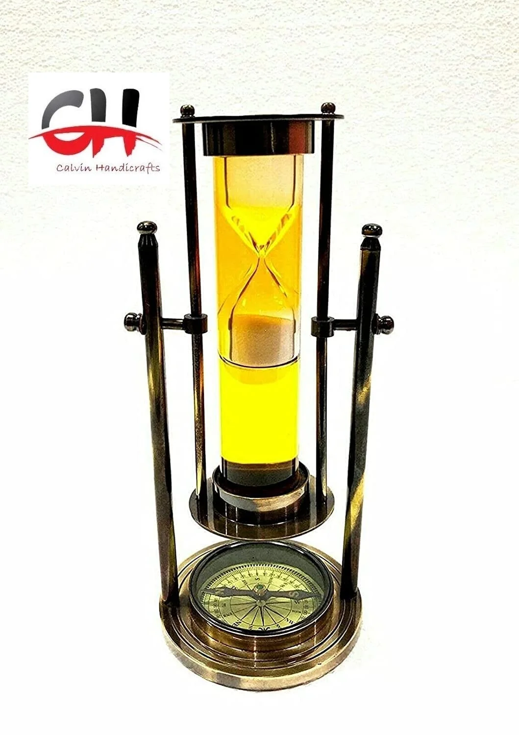 Calvin Handicrafts" Antique Nautical Brass 9" Yellow Liquid Sand Timer ...