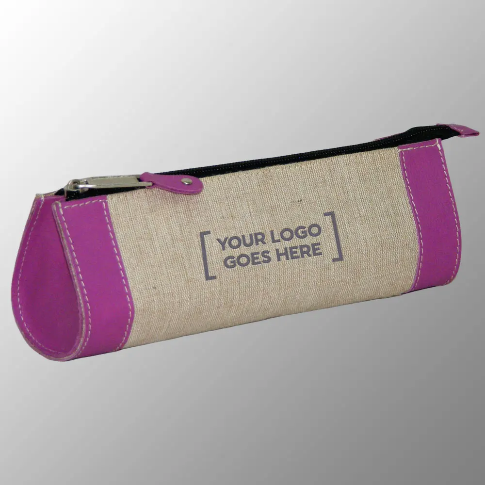 Custom Printed Jute Cotton Pencil Cases with Real Leather Trims