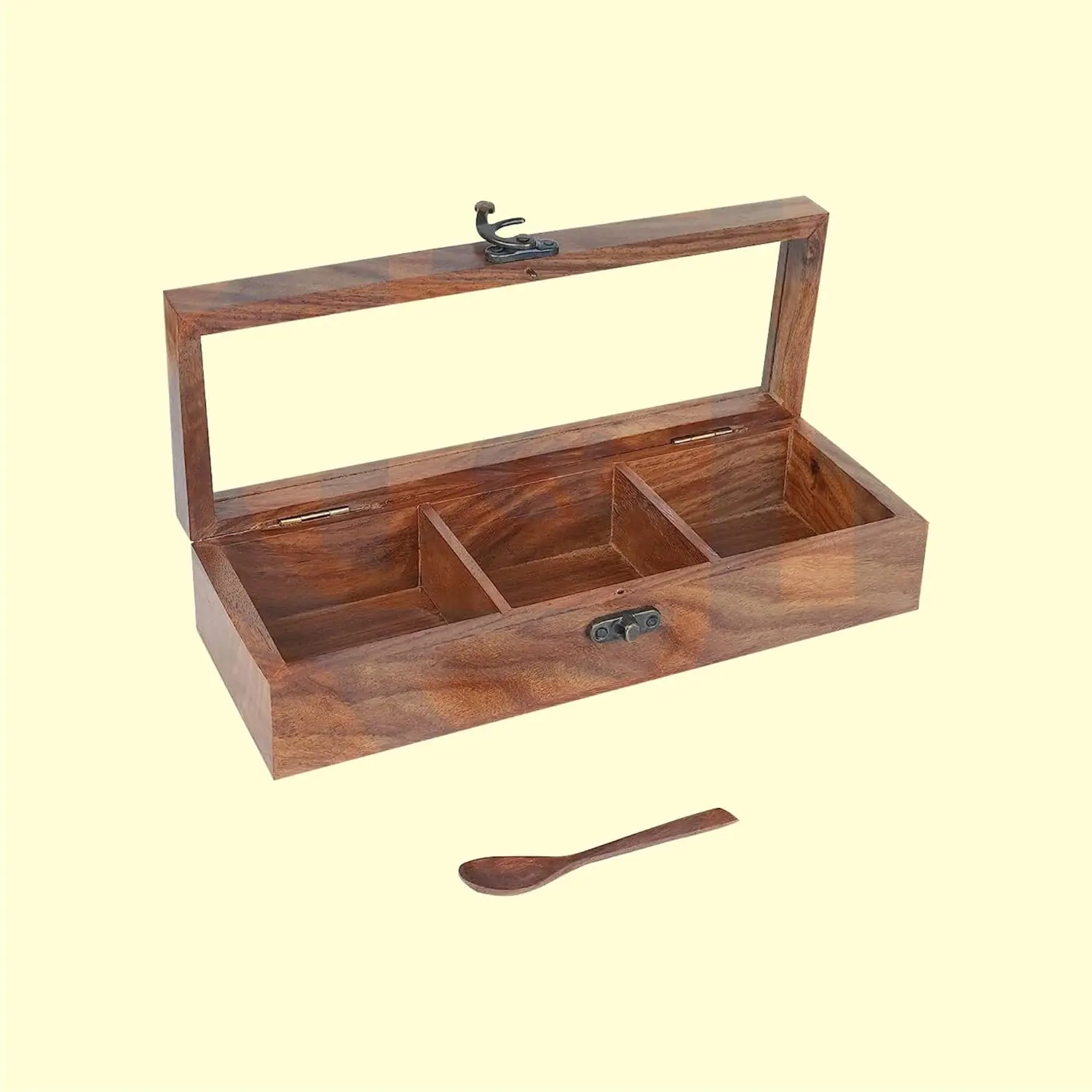 Wooden Spice Box Handcrafted Nautral Polish 3 Partition With Spoon Use ...