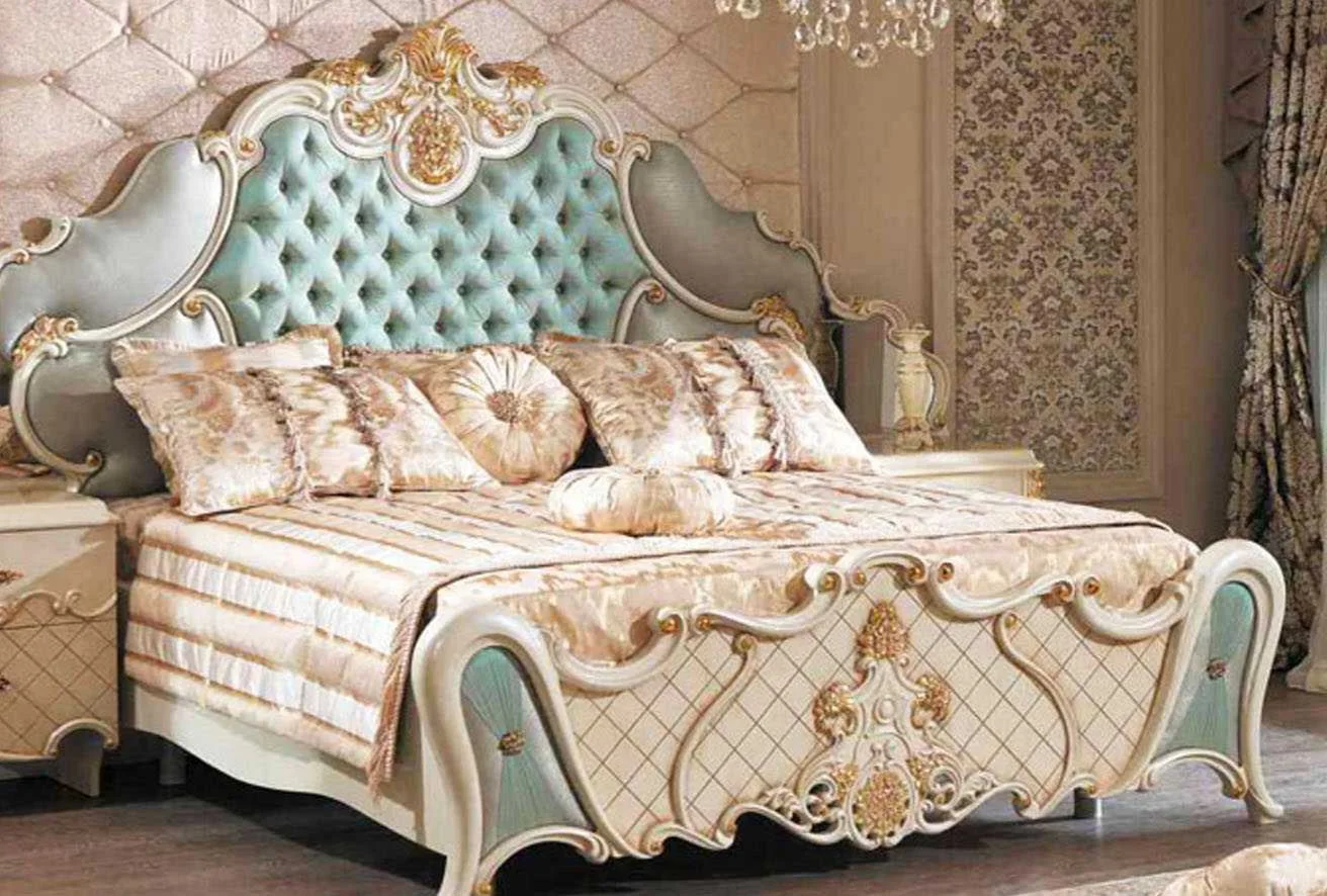 Luxury Neoclassical Solid Wood Bed Frame Ornate Carving Upholstered ...