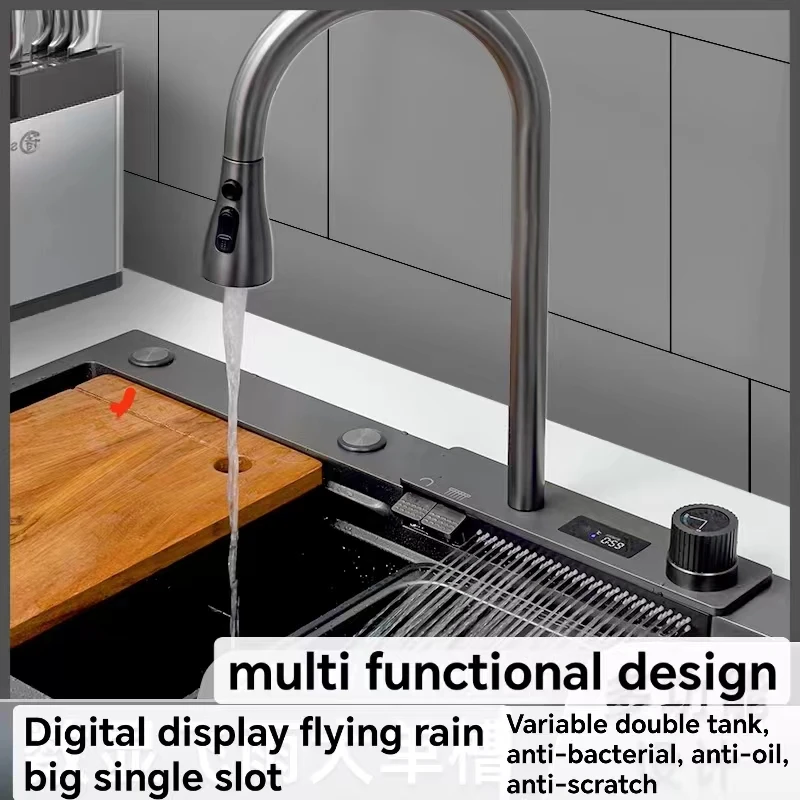Modern Kitchen Sink with Double Bowl & Waterfall Faucet