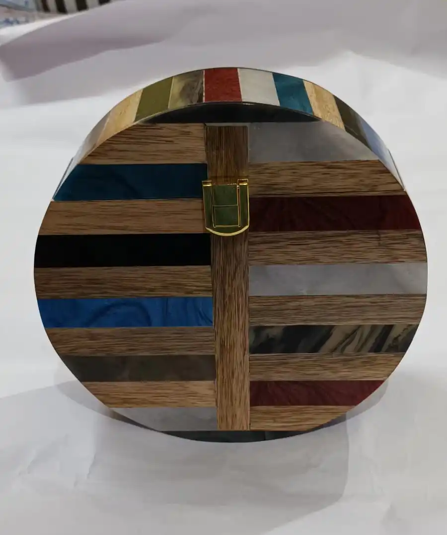 Rounded Handmade Wooden And Resin Multi Color Clutch Bag Handcrafted ...