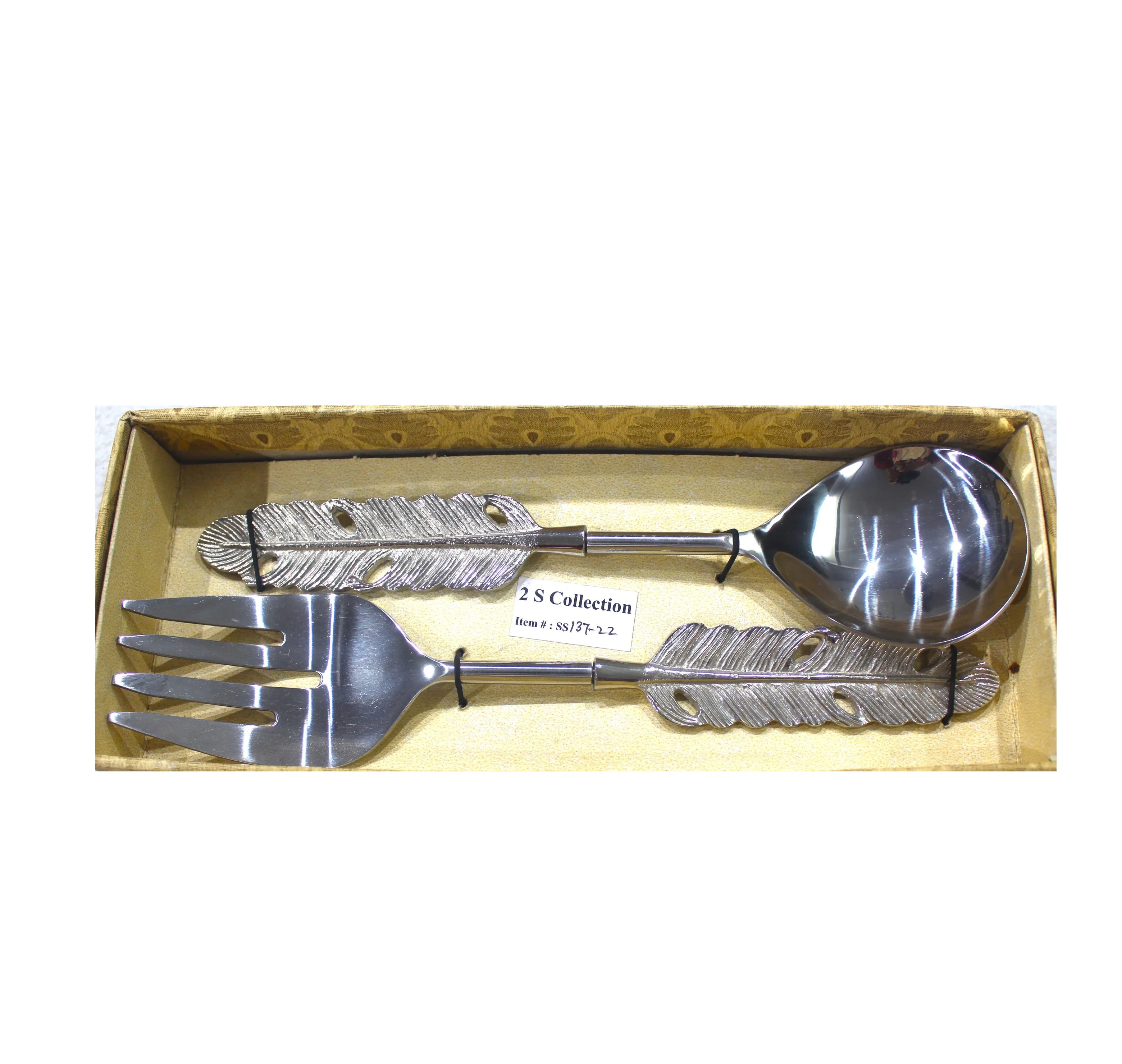 Stainless Steel Metal Salad Serving Spoon And Fork Set With Rattan ...