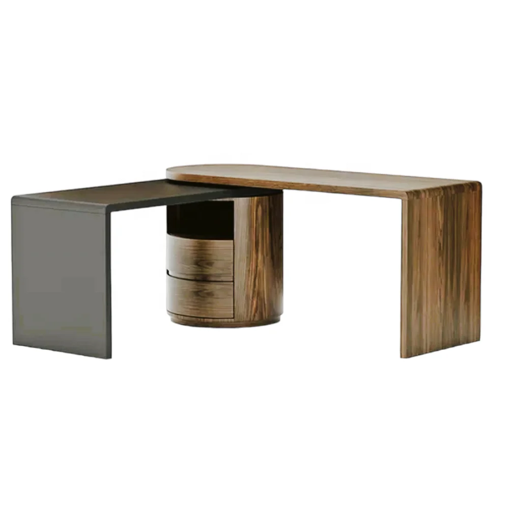 L Shaped Office Desk Teak Wood Modern Adjustable Convertible With 1 ...