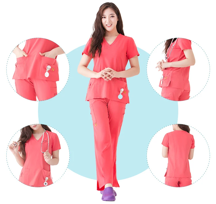 Signature Collection Band Collar Scrub Top And Slim-fit Scrub Pants ...
