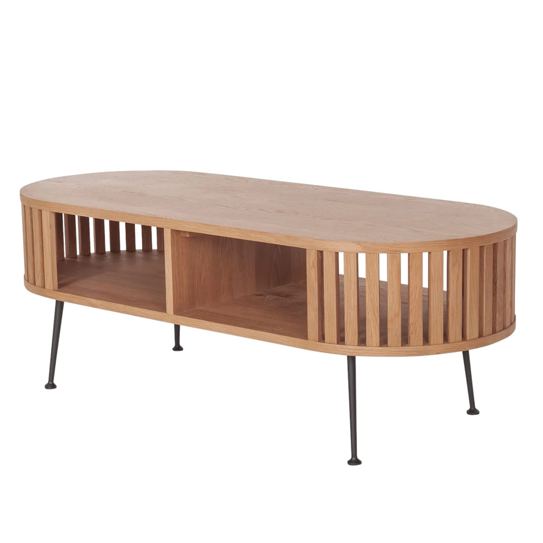 Teak Solid Wood Coffee Table Oval Shaped Top Table Slatted Design With ...