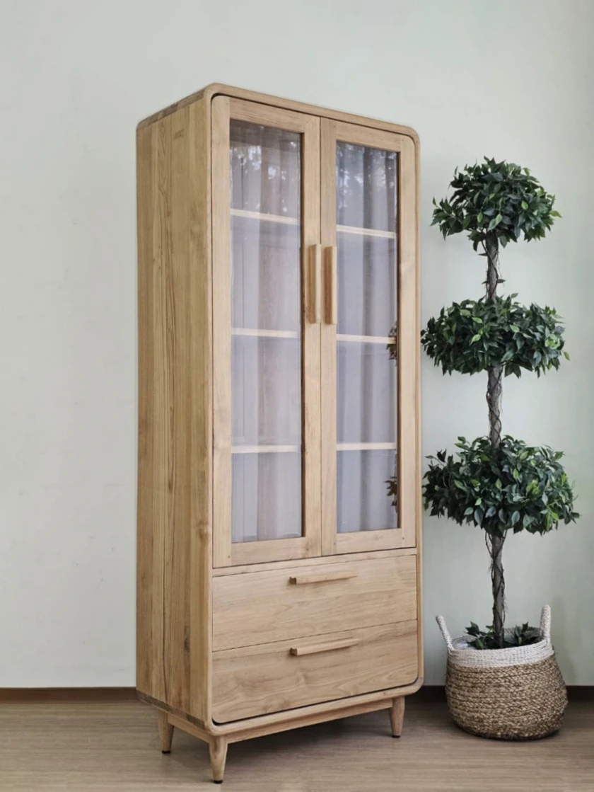 Plantation Teak Wood Display Cabinet With Glass Door Book And Drawers ...