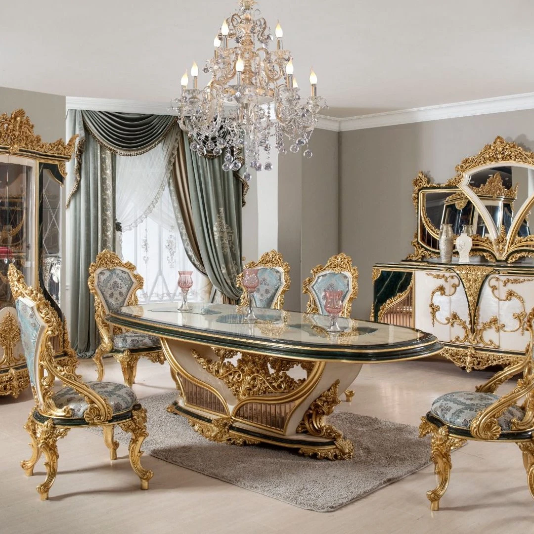 Luxury Janne Gold Dining Set With Solid Wood Material And Handmade Carving For Dining Room - Buy ...