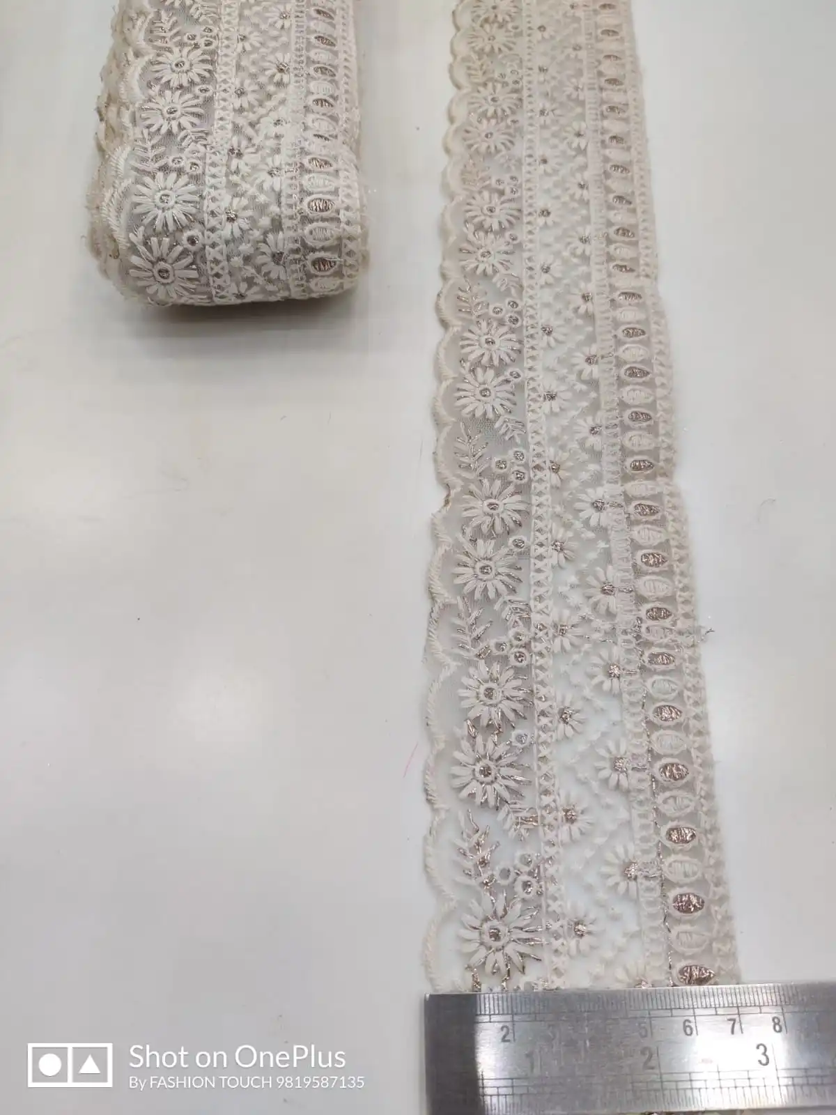 Custom Made White Color 1 Inch Width Abstract Machine Embroidered ...