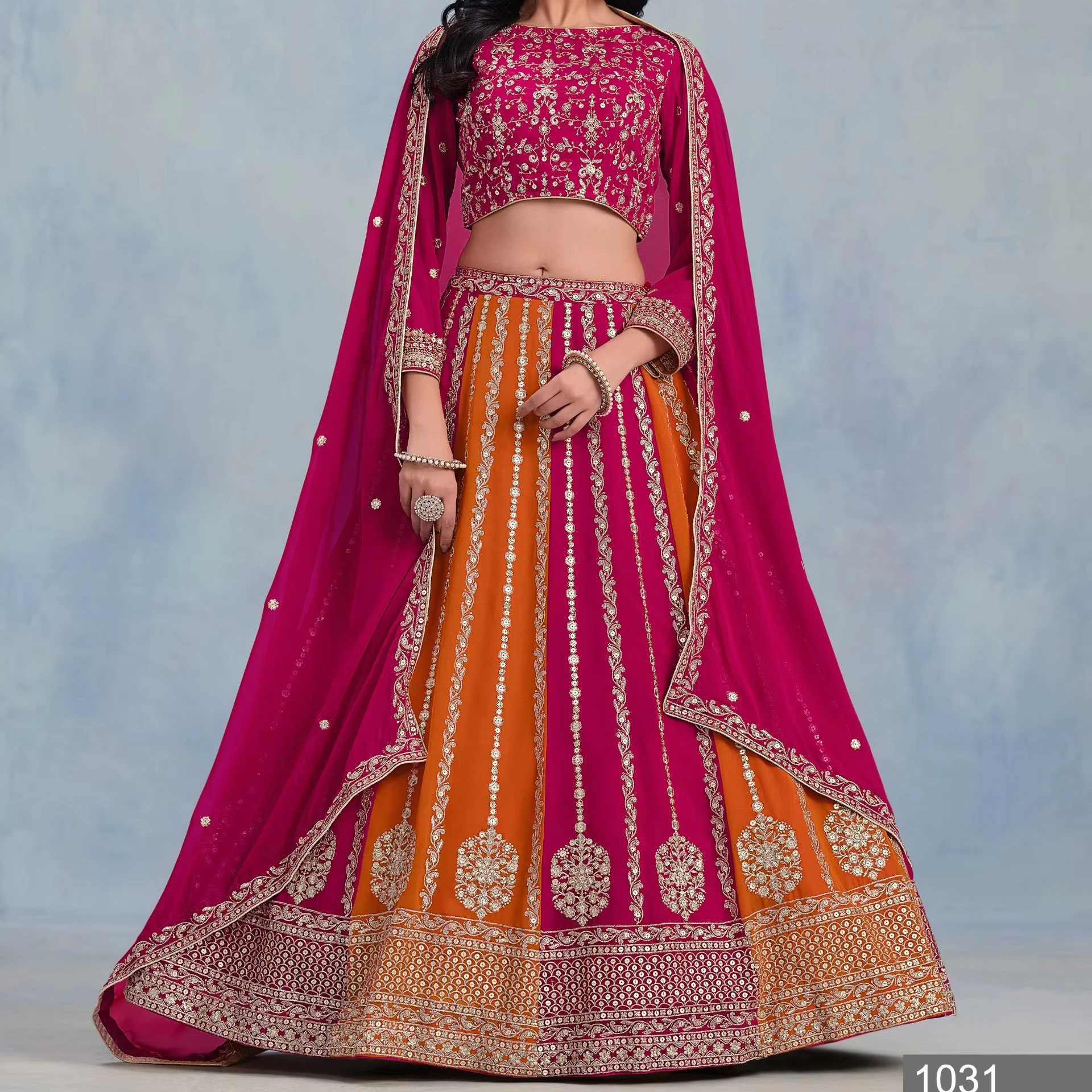 Modest Style Rani Pink Faux Georgette Lehenga Choli with Heavy ...