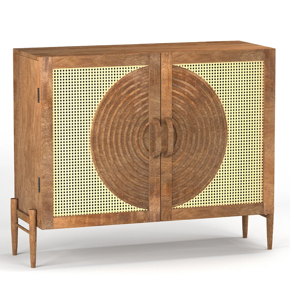 Textured Rattan Sideboard With Chic Circle Accents & Hairpin Wooden ...