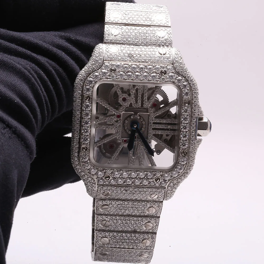 Fully Iced Out Skeleton Square Dial Hip Hop Lab Grown Diamond Wrist ...