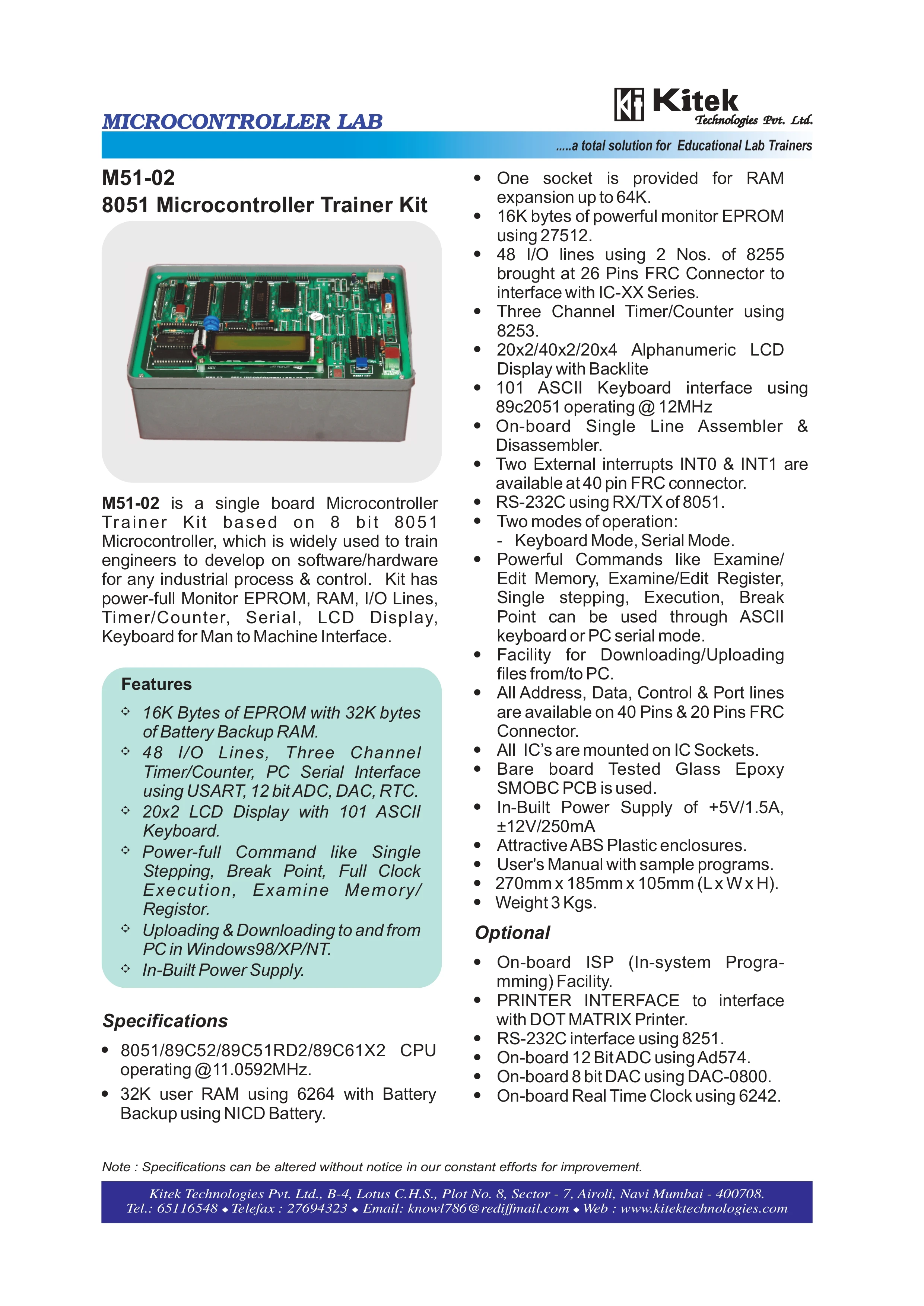 8051 MICROCONTROLLER TRAINING KIT - Kitek M51-02 Origin: IN