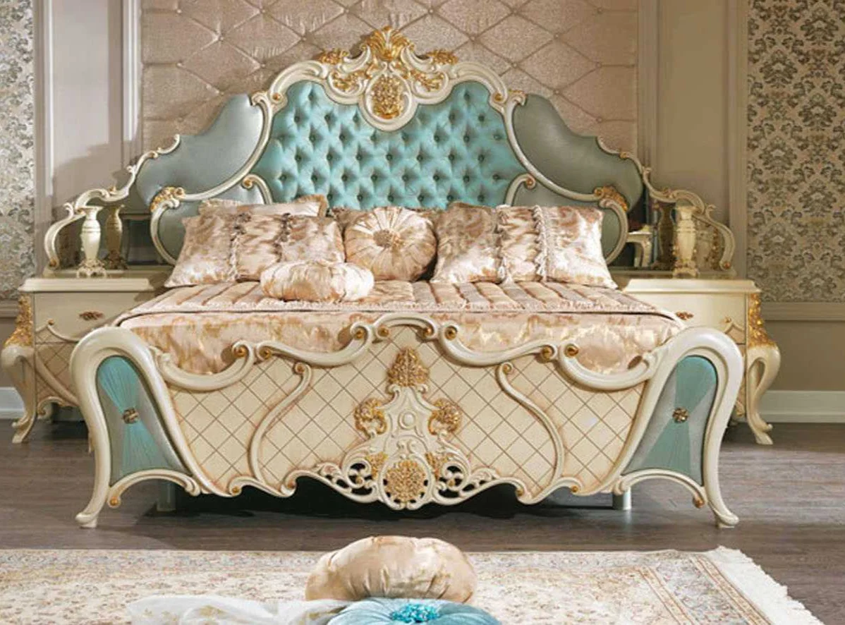 Luxury Neoclassical Solid Wood Bed Frame Ornate Carving Upholstered ...