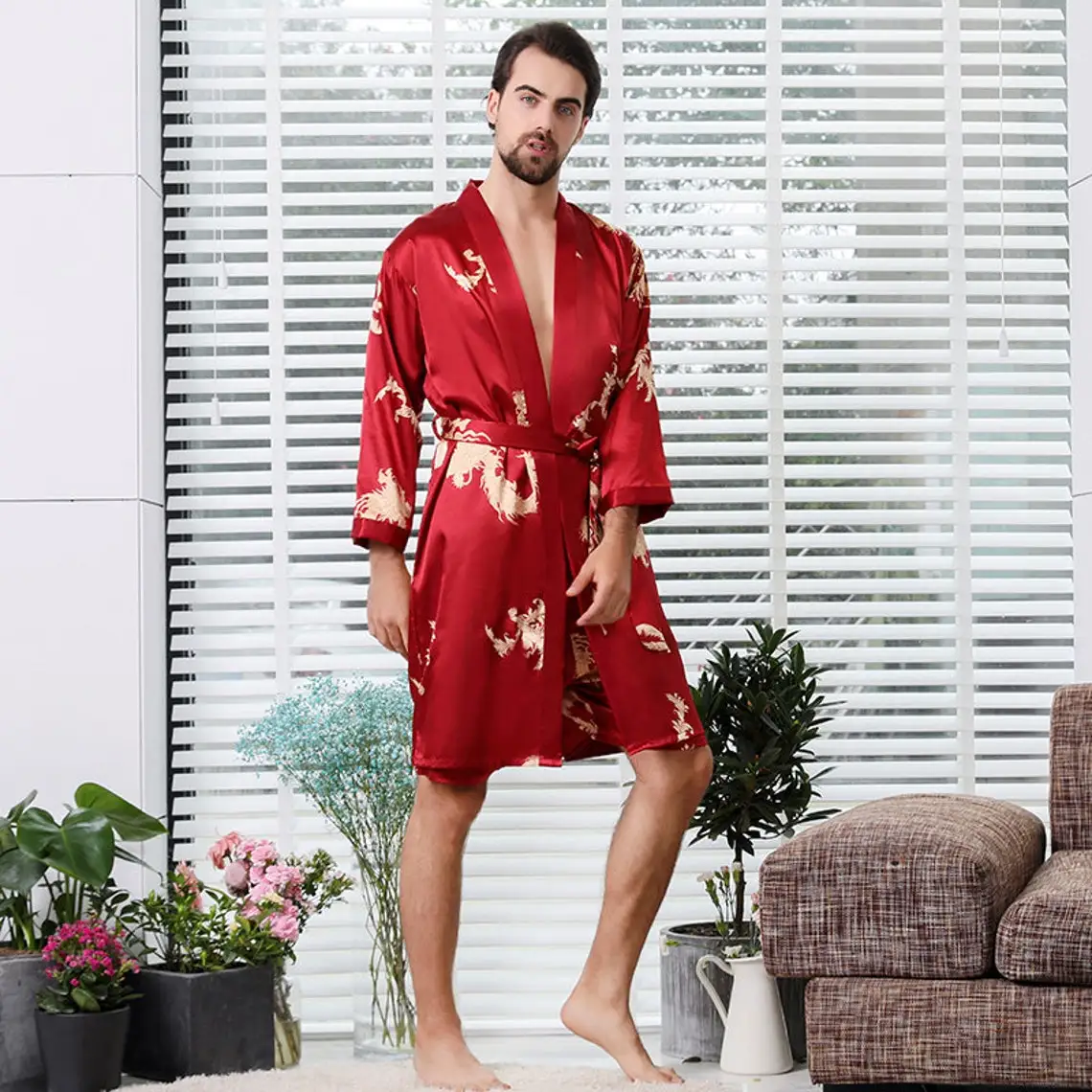 Wholesale Night Gown Sleepwear Satin Silk Robe Men \ Long Sleeve Luxury ...