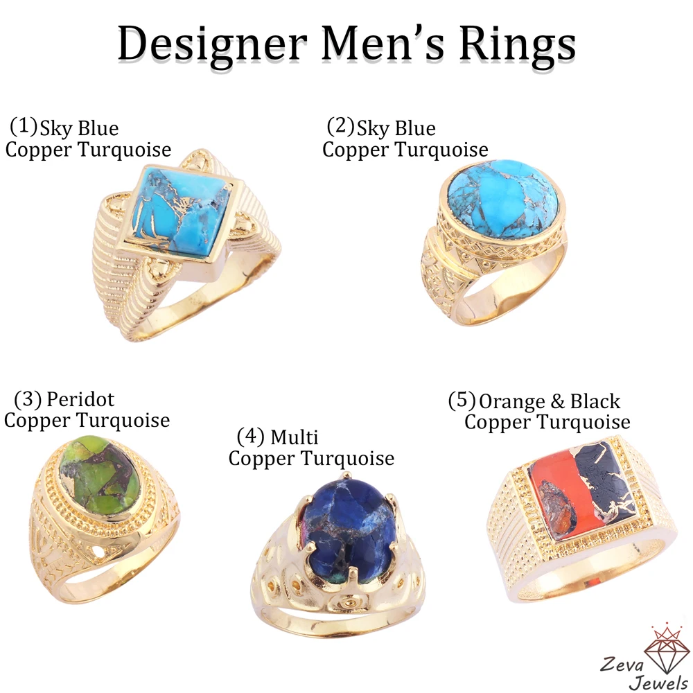 Mens Fashion Big Size Ring Mohave Sky Blue Copper Turquoise Brass Gold ...