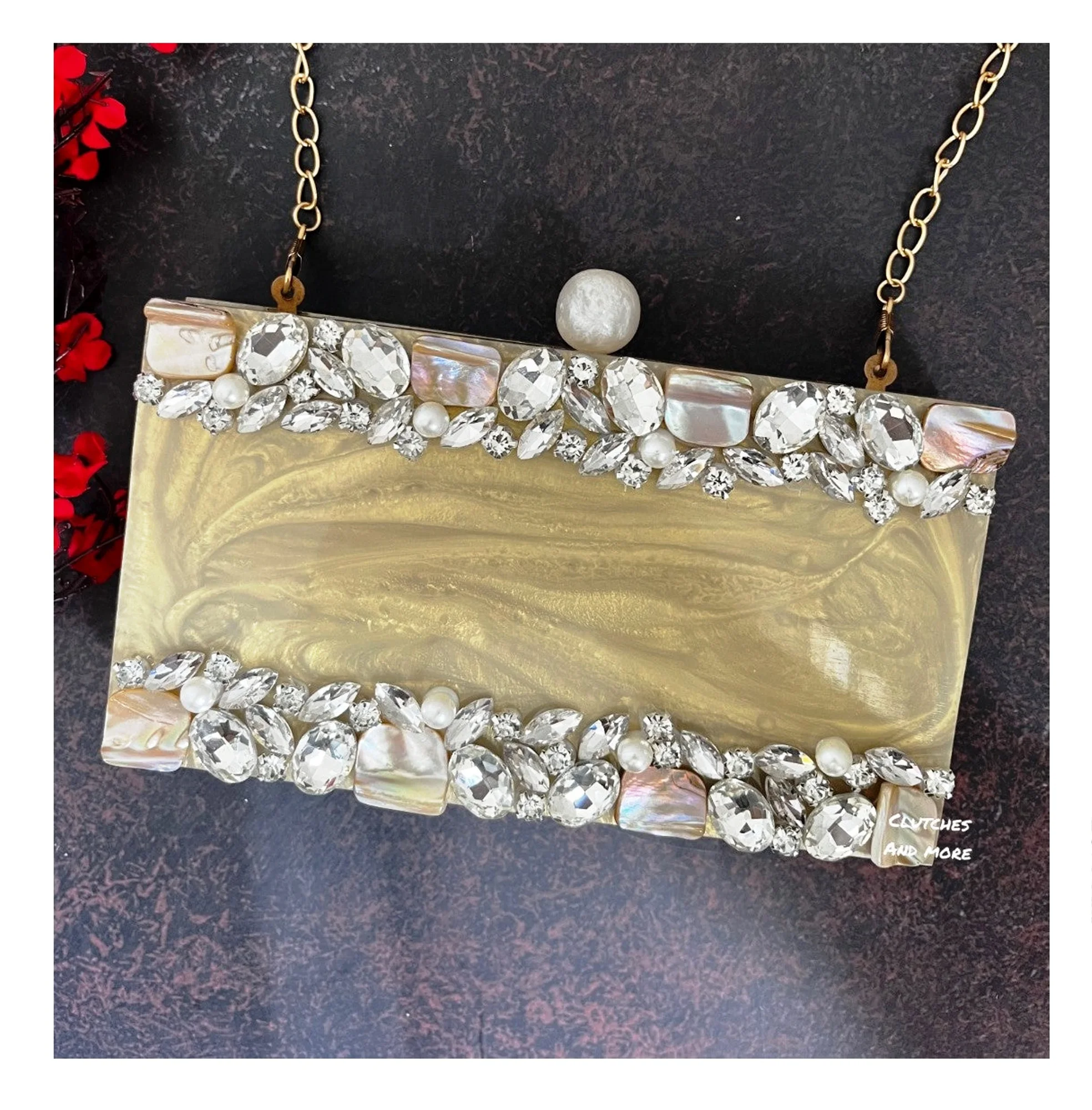Sultana Floral Embellished Resin Clutch Dusky Pink & Gold Luxury Clutch ...