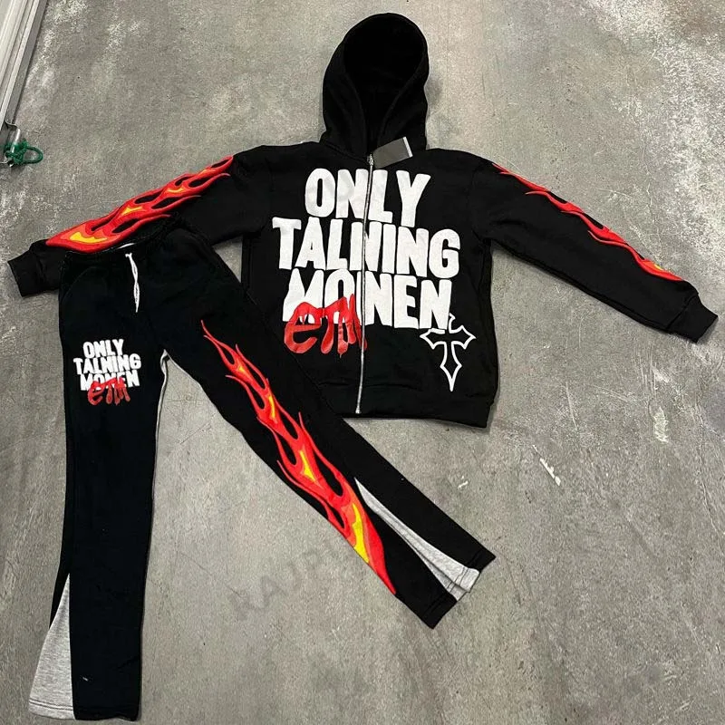 Trendy 3d Puff Print Flared Pants Tracksuit Sweat Suit Unisex Sweat ...