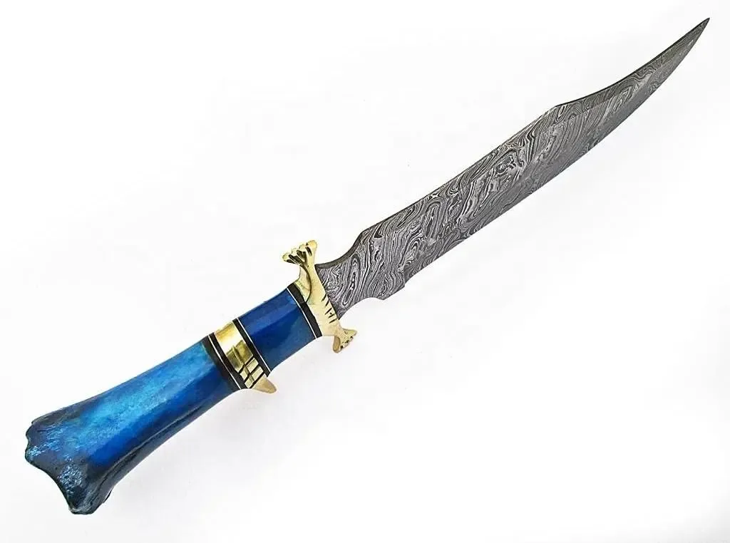 Handmade Damascus Steel Bowie Knife With Bone Handle And Leather Sheath ...