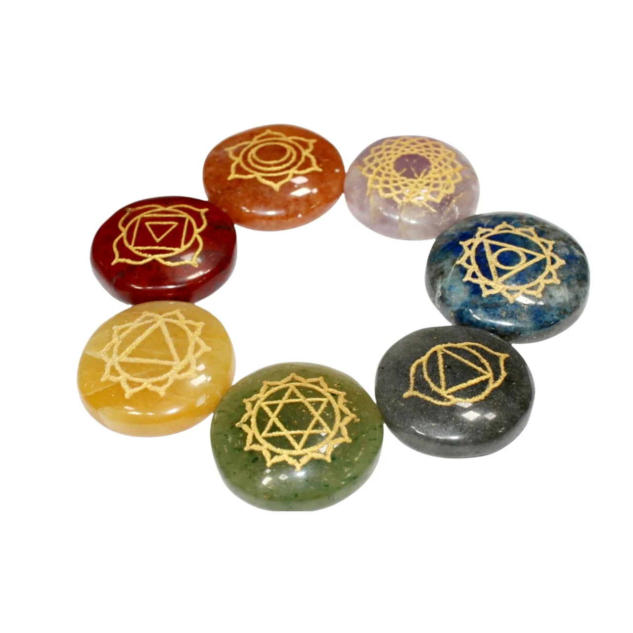 Seven Chakra Round Stone Set Tumbled Jade Engraved Reiki Healing ...