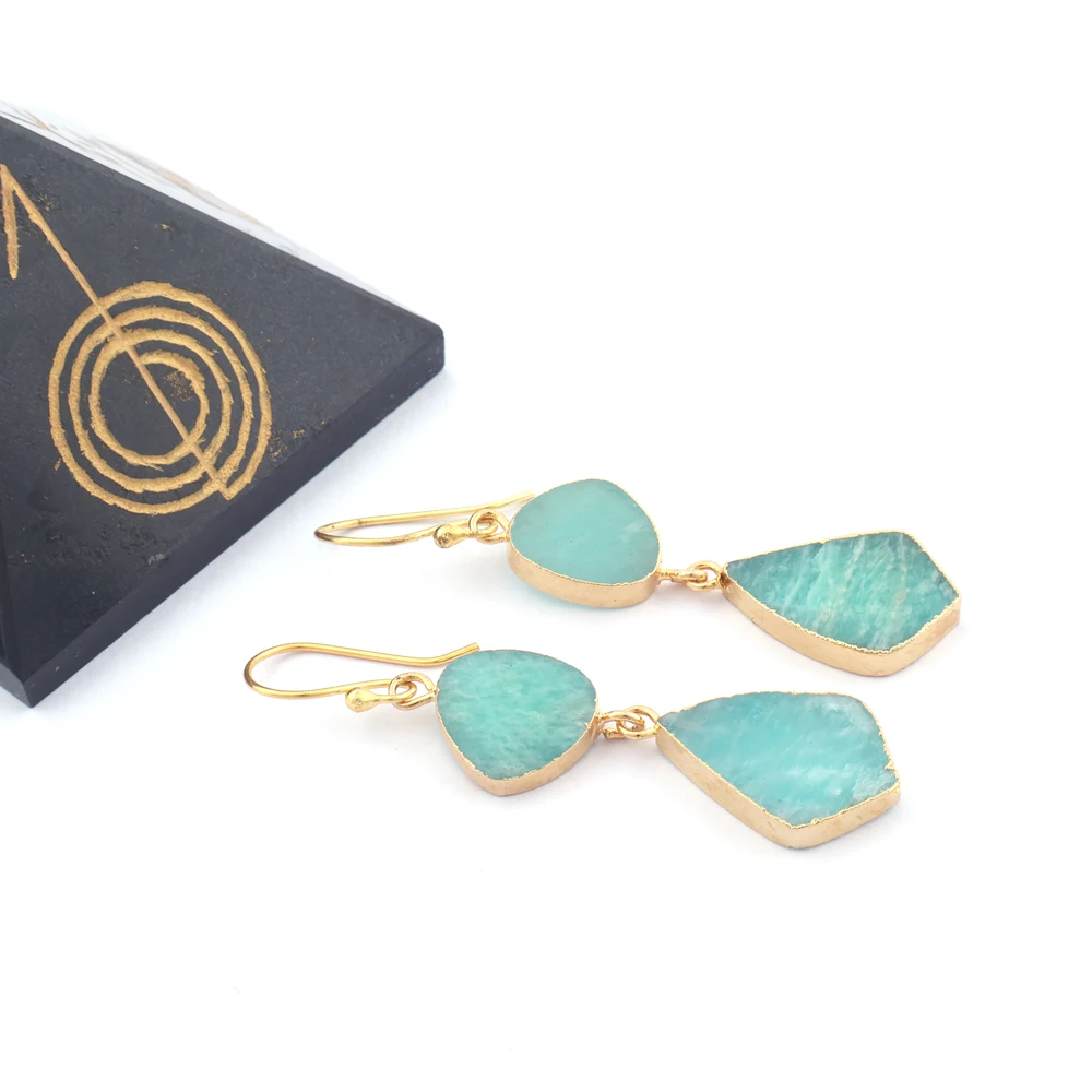 Factory Custom Jewelry Real Amazonite Two Tier Dangle Earring Brass Gold Electroplated Edged ...