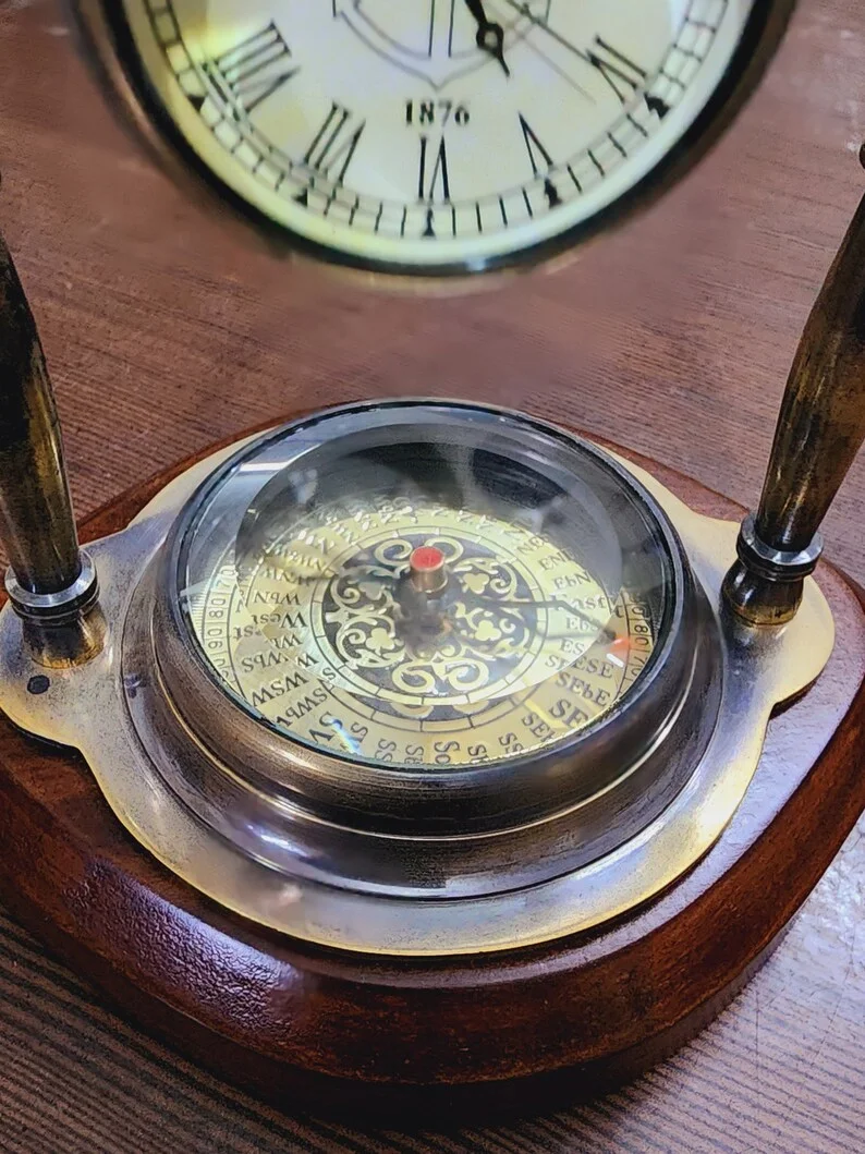Antique Brass Desk Clock With Integrated Compass Timeless Maritime Home ...