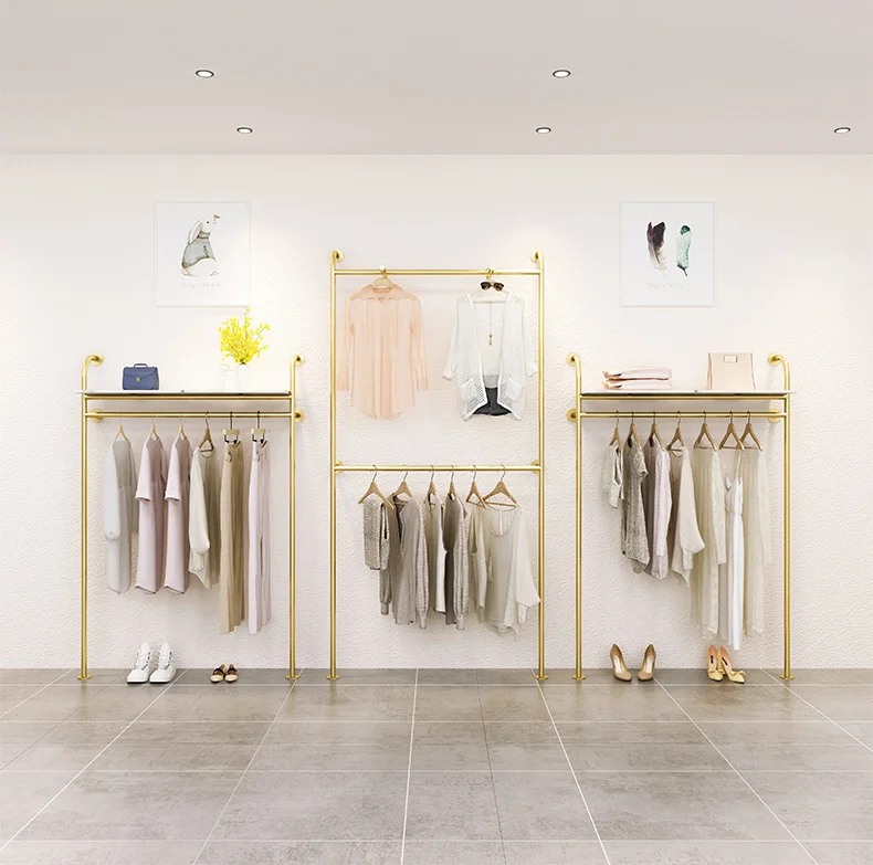 Custom Luxury Garment Store Metal Wall Mounted Gold Clothing Display ...