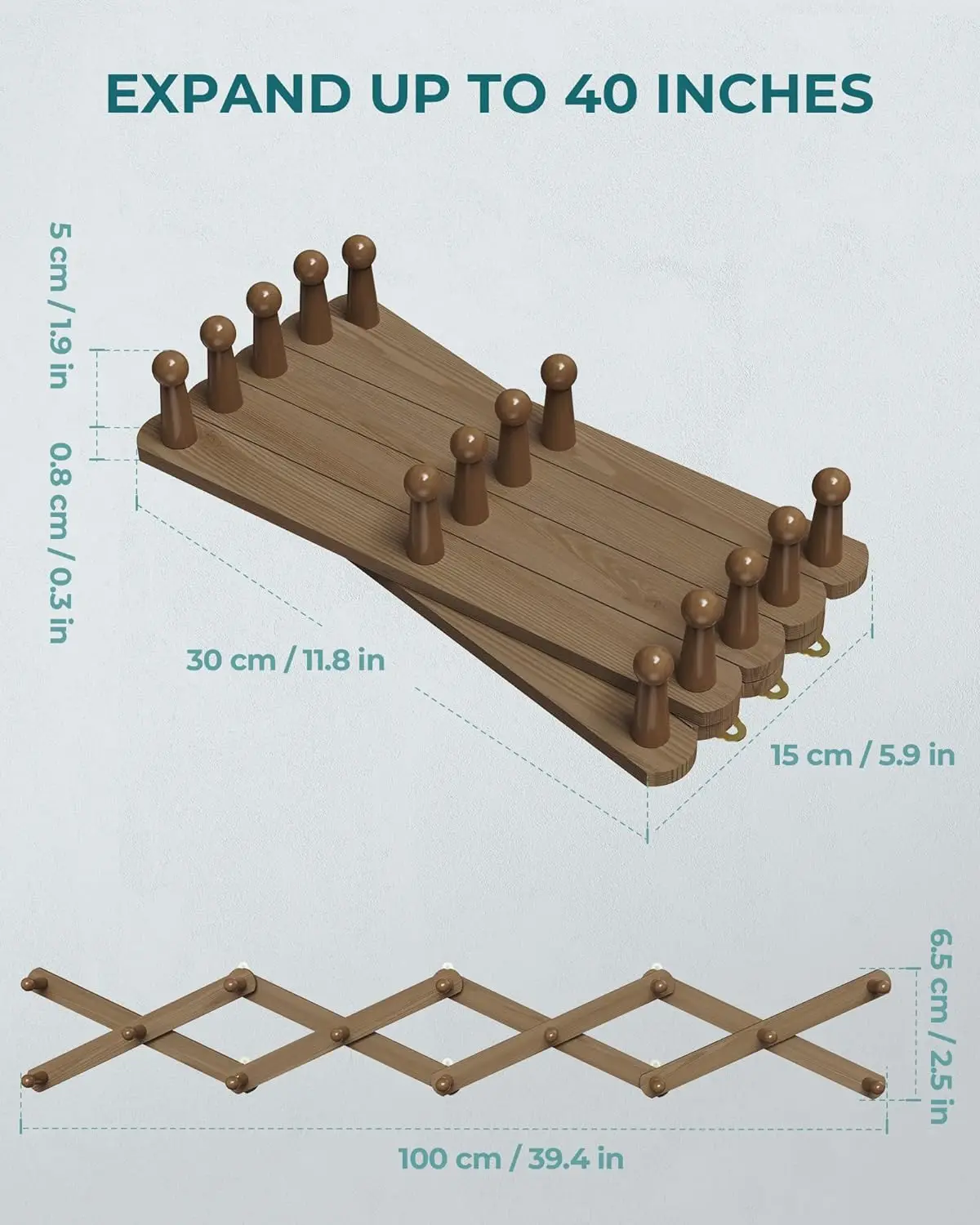 Wood Accordion Wall Hanger, Expandable Coat Rack Wall Mount with 14 ...