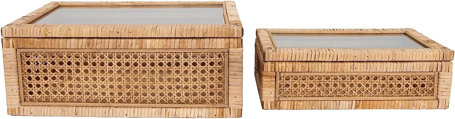 Wooden Storage Box with Hinged Lid Woven Rattan Display Boxes with ...