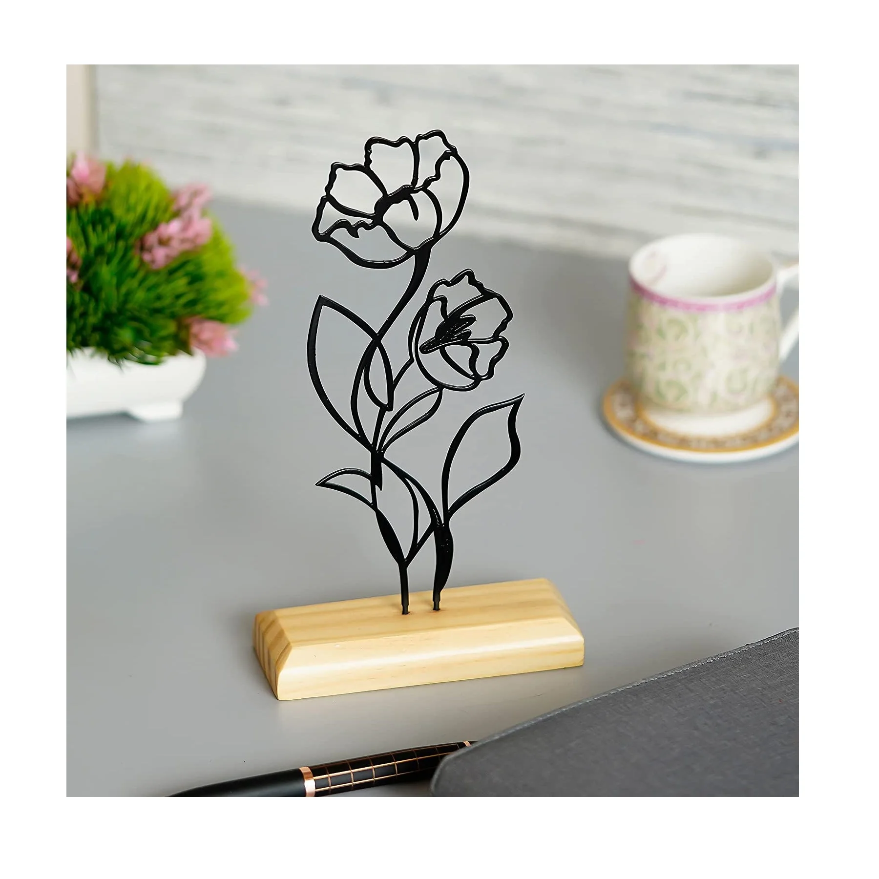 Floral Iron & Wood Showpiece Sculpture Decorative Metal Flower ...