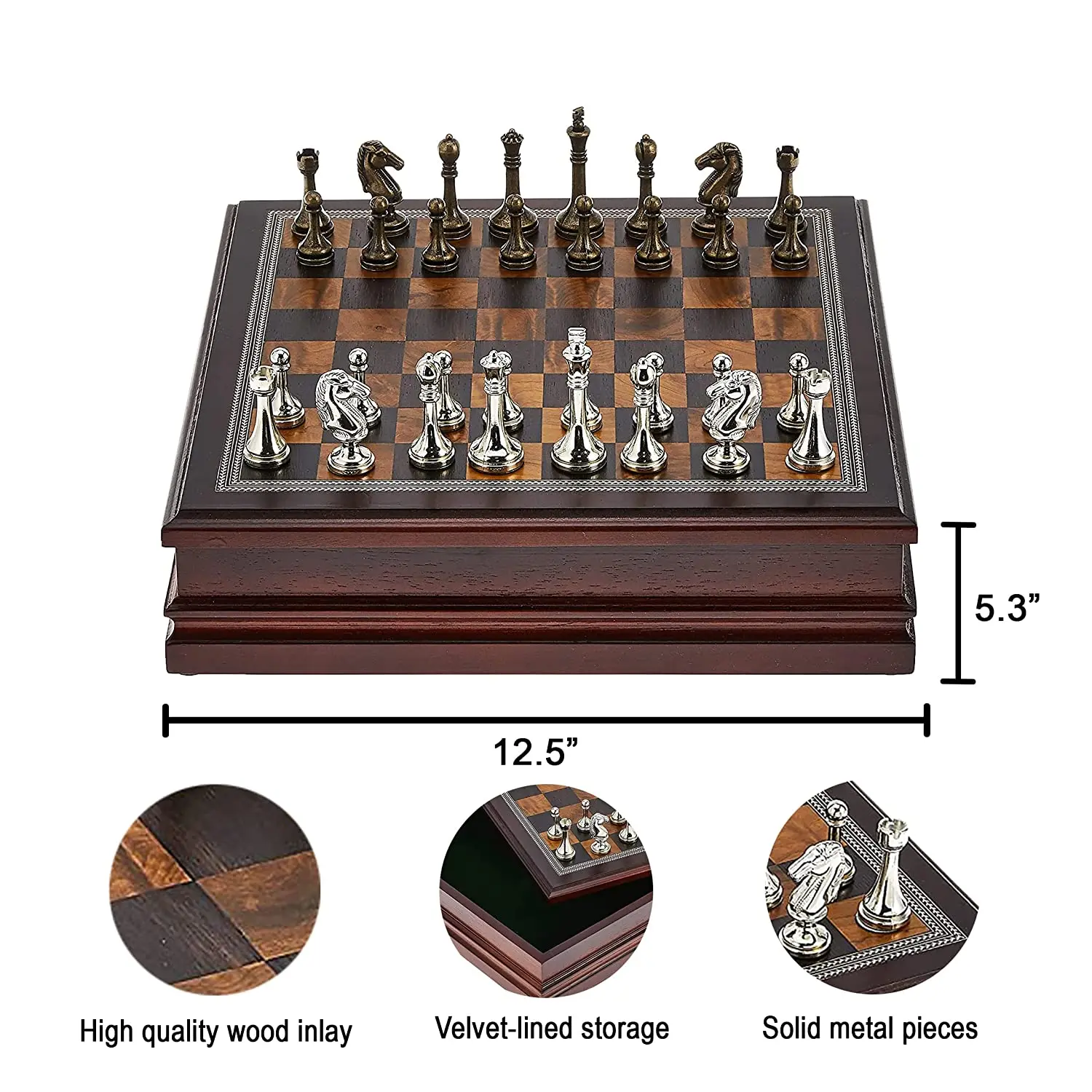 Classic Game Collection Metal Chess Set With Deluxe Wood Board And ...