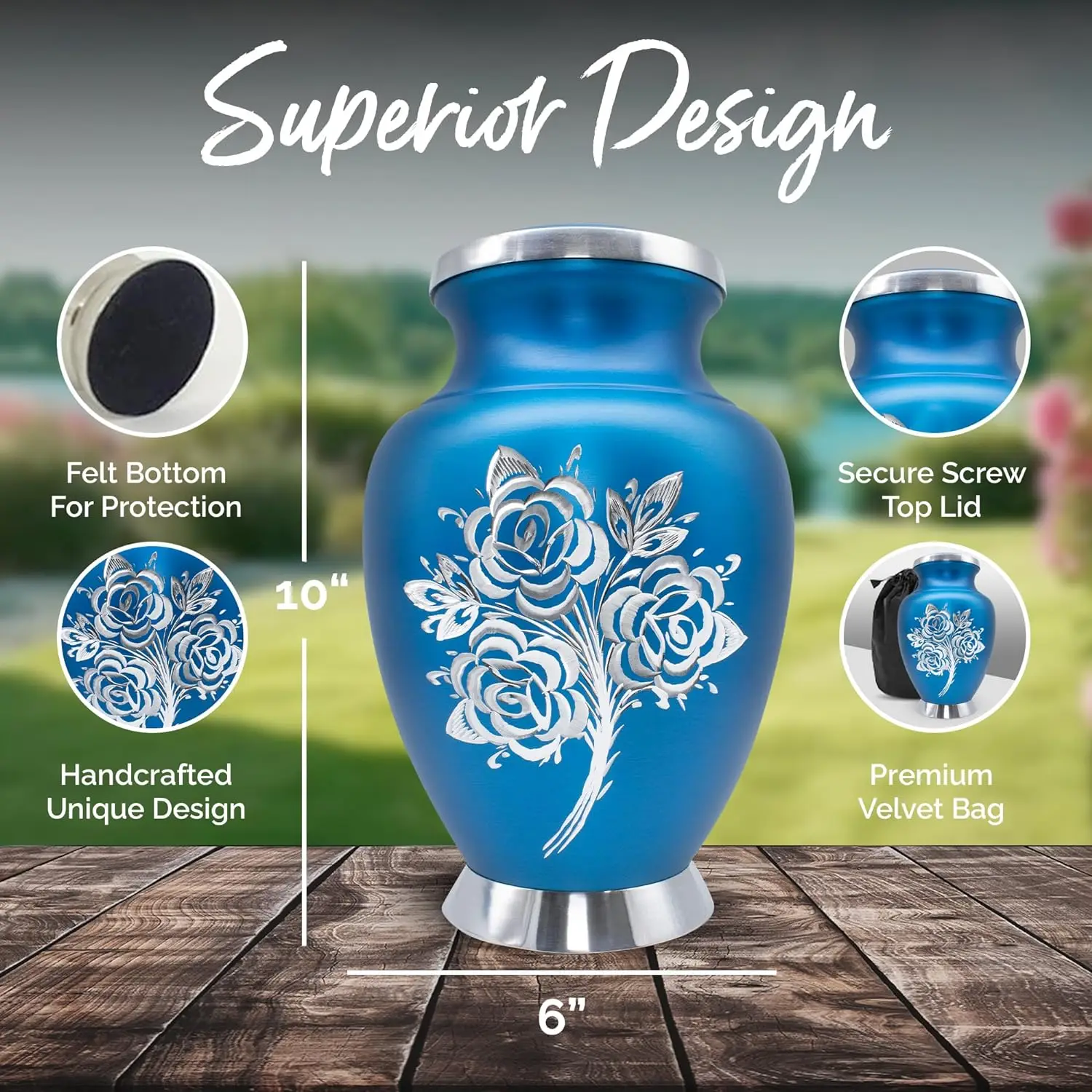 Blue Rose Urn - Blue Cremation Urn For Human Ashes With Premium Bag ...