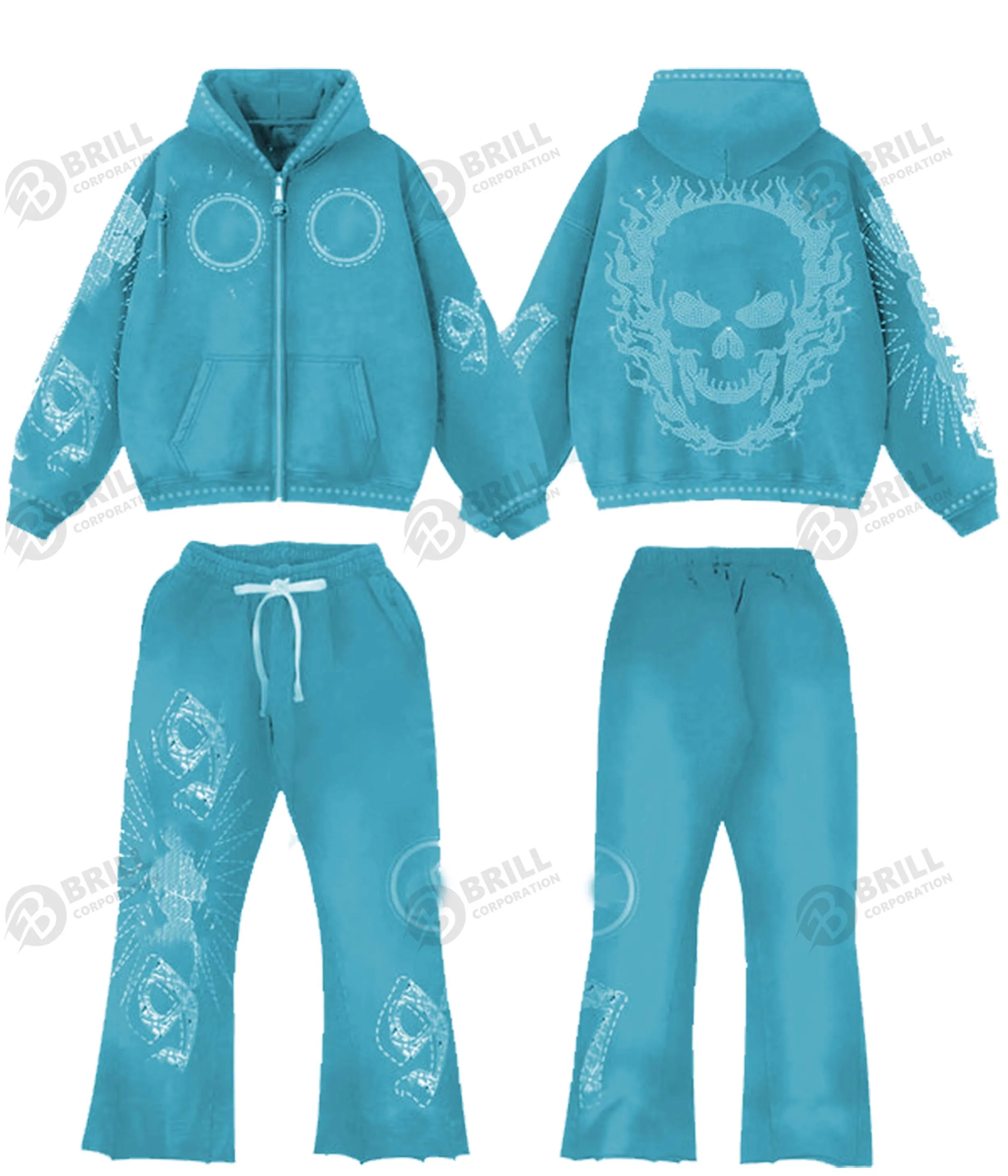 Men 2024 Streetwear Rhinestone Acid Wash Sweatsuit Cotton Flare ...