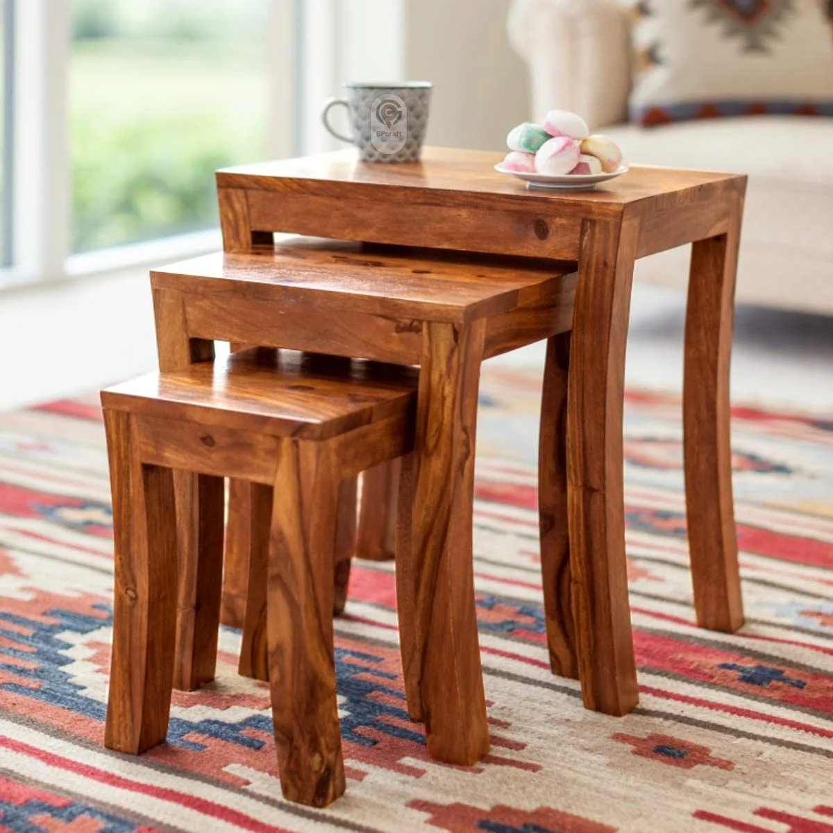 Solid Sheesham Wood Nesting Table Set of 3 Stools Wooden Nesting Table ...