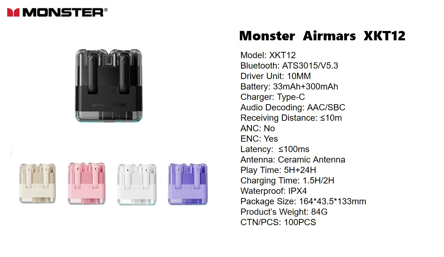 Monster XKT12 Earbuds - Transparent Design & Noise Cancelling