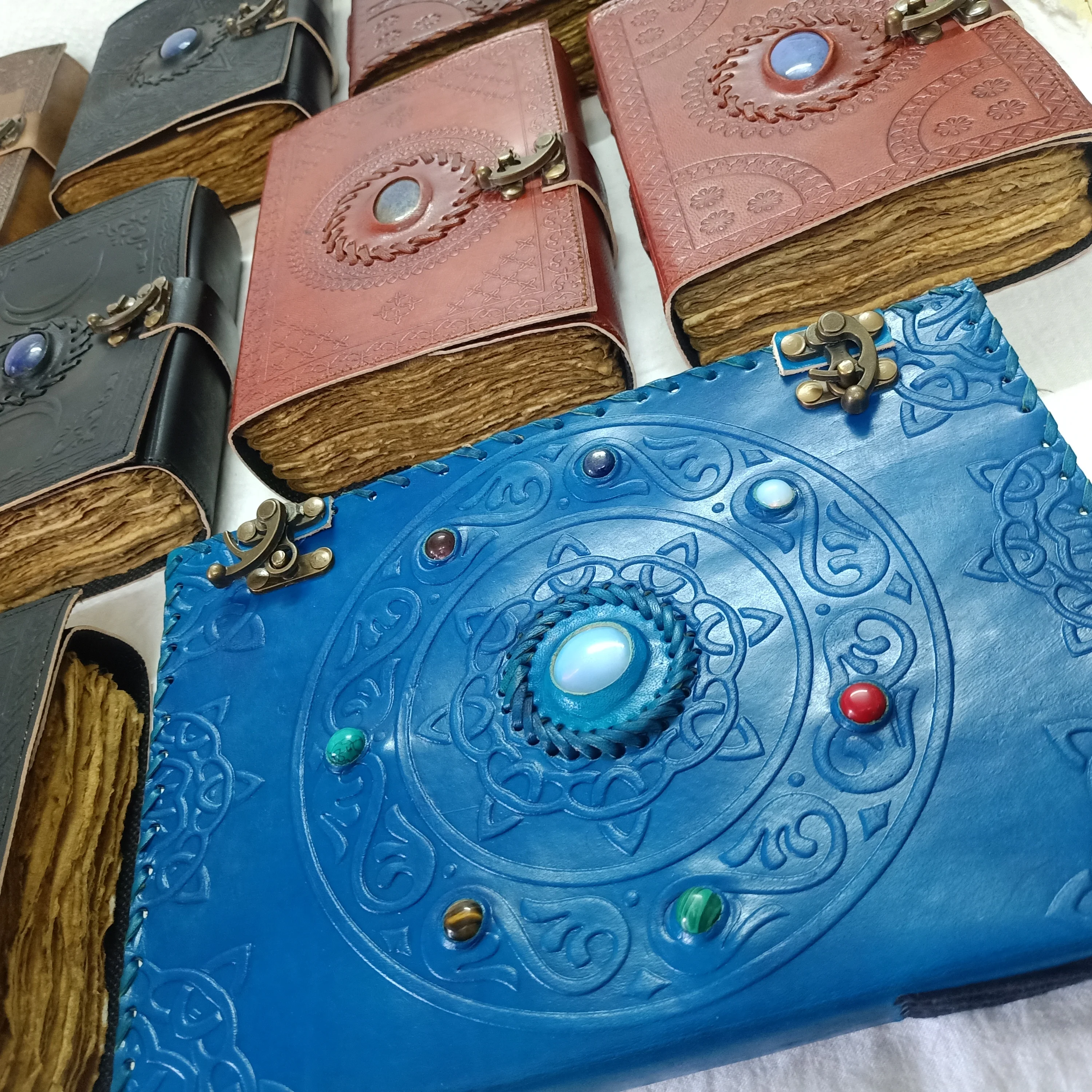Custom Made Leather Journals with Embossing and Gemstones