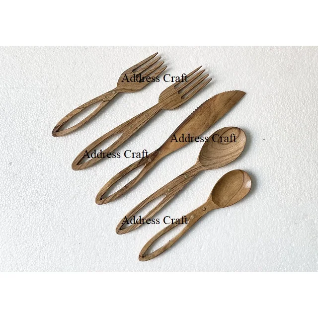 100% Natural Acacia Wood Cutlery Set With Resin Handle Vintage Style ...