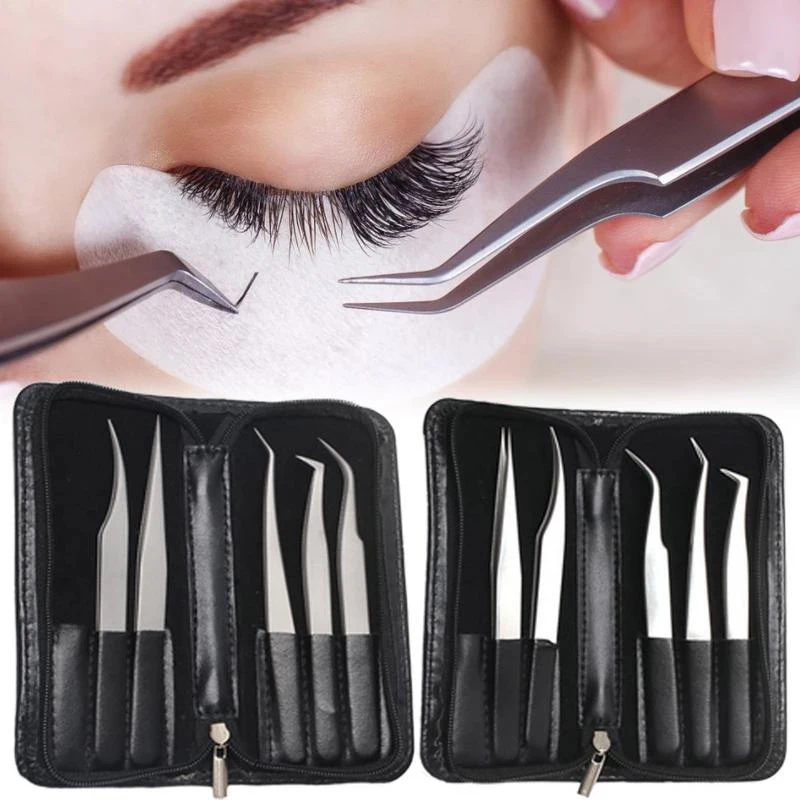 Salon Eyelash Tweezers Set Leather Zipper Case 6 Piece Set Eyelash Tweezers Leather Zipper Case