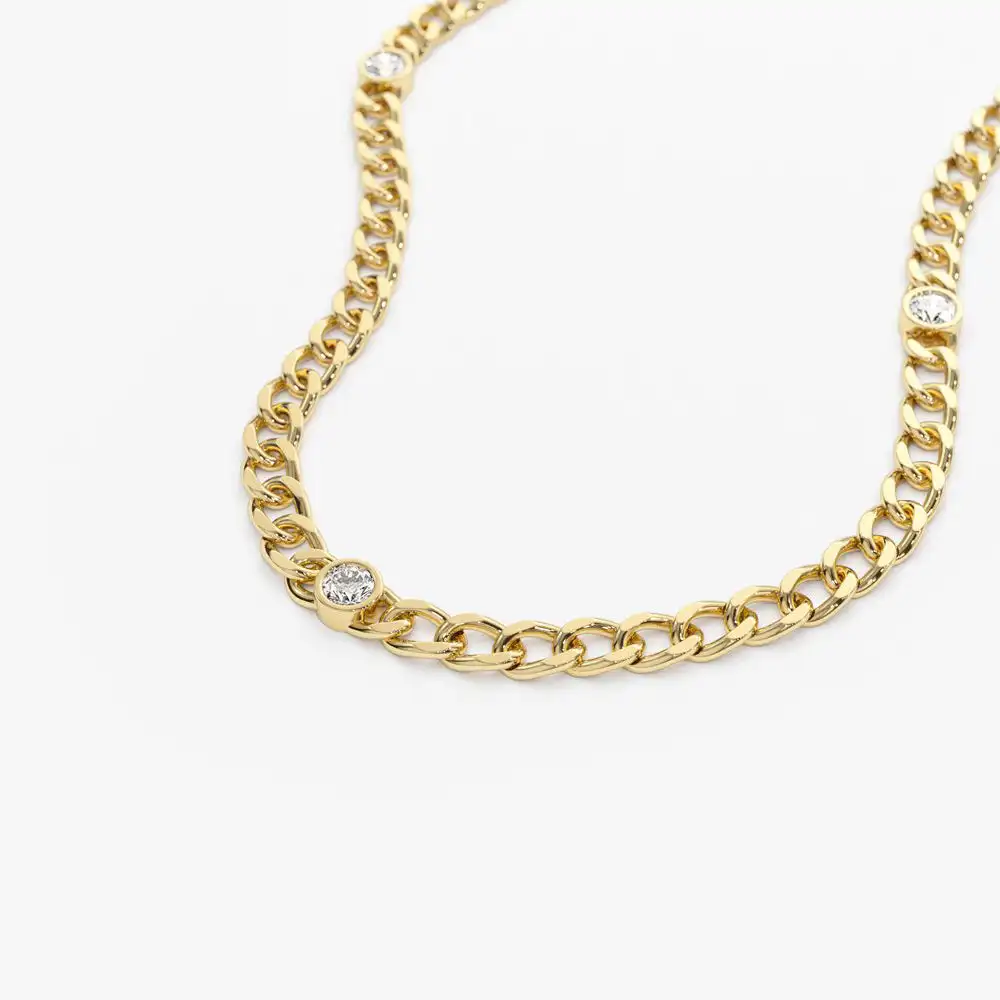 Unique 14k Gold Cuban Link Chain Necklace with Bezel Setting Solitaire ...