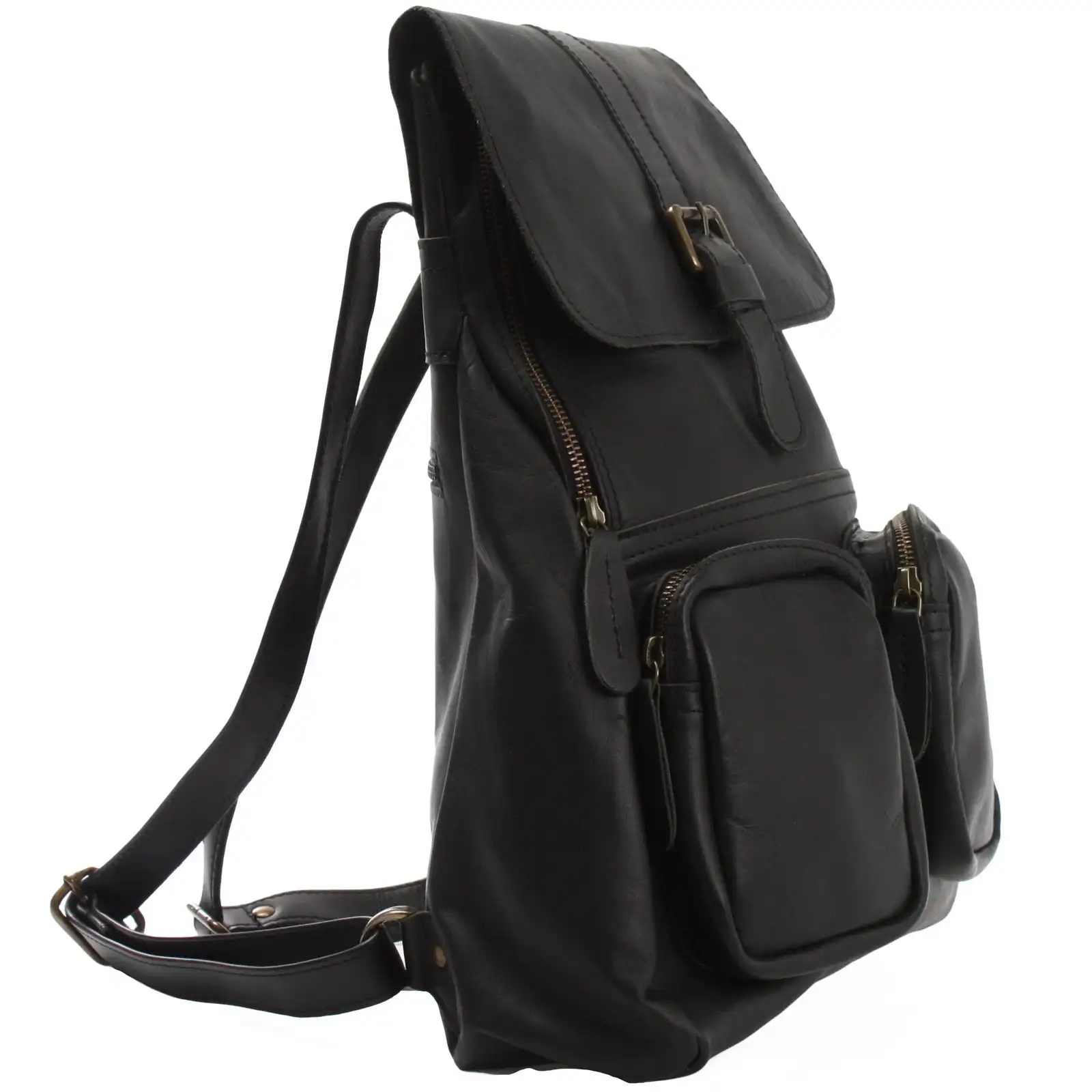 Double Adventure Backpack In Black Leather Flap With Magnetic Closure ...