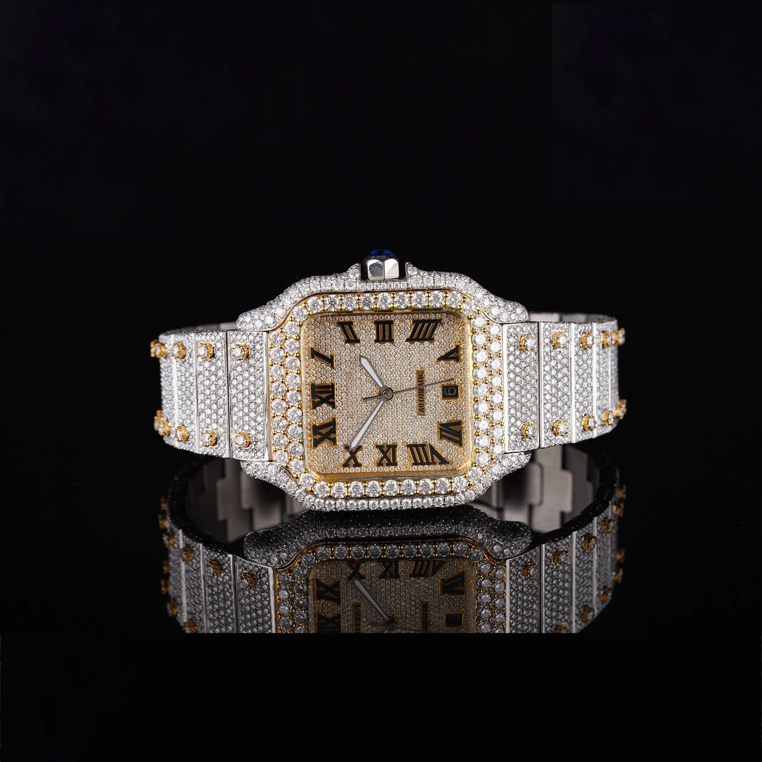 Roman Dial Iced Out Customized Cartier Moissanite Diamond Watch With ...