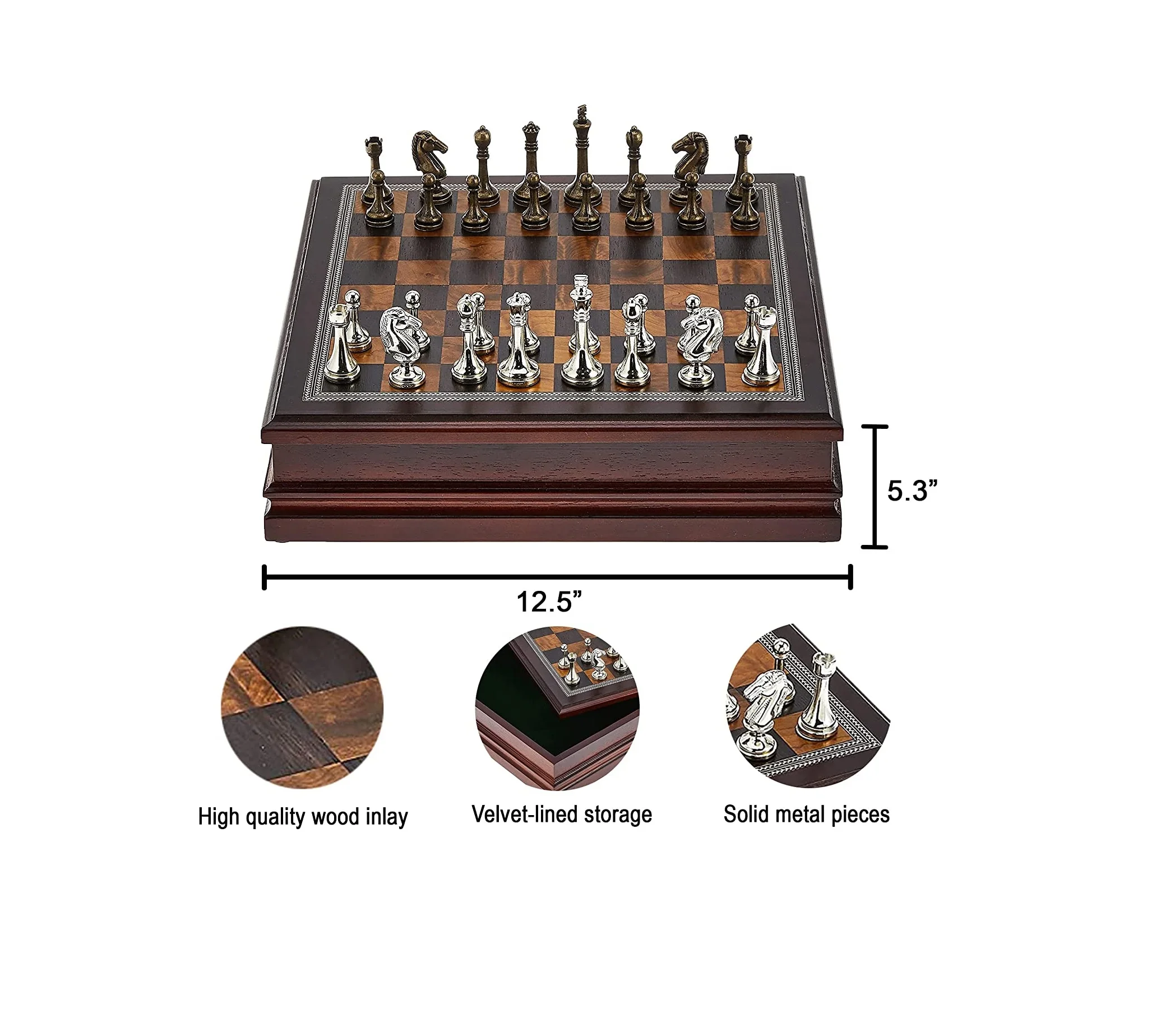 Classic Game Collection Metal Chess Set With Deluxe Wood Board And ...