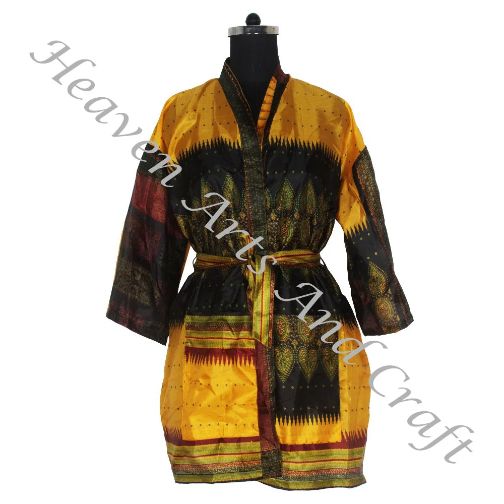 KS013 Bohemian Summer Vintage Sari Kimono Short Wrap Dress Sleeve Silk ...