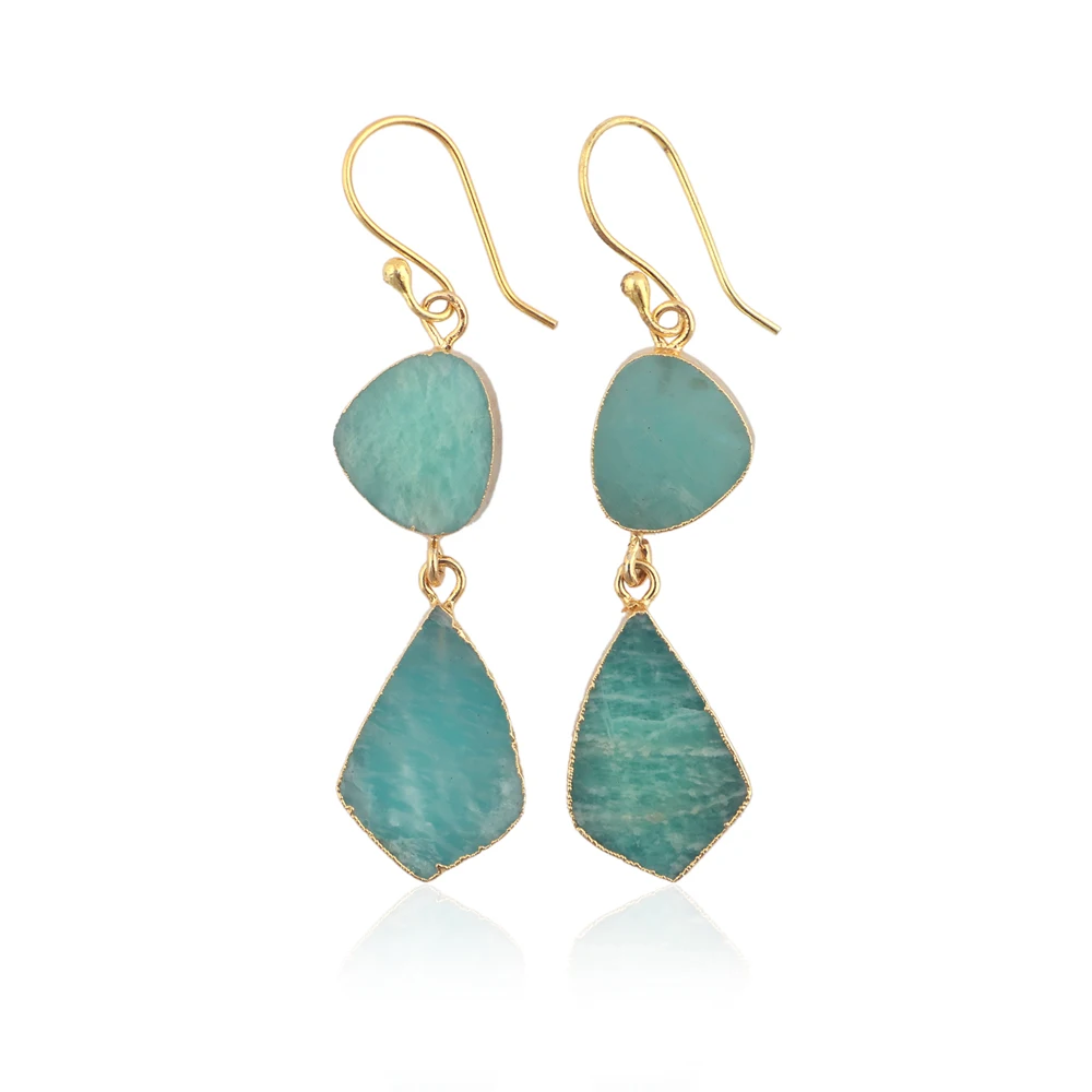 Factory Custom Jewelry Real Amazonite Two Tier Dangle Earring Brass Gold Electroplated Edged ...